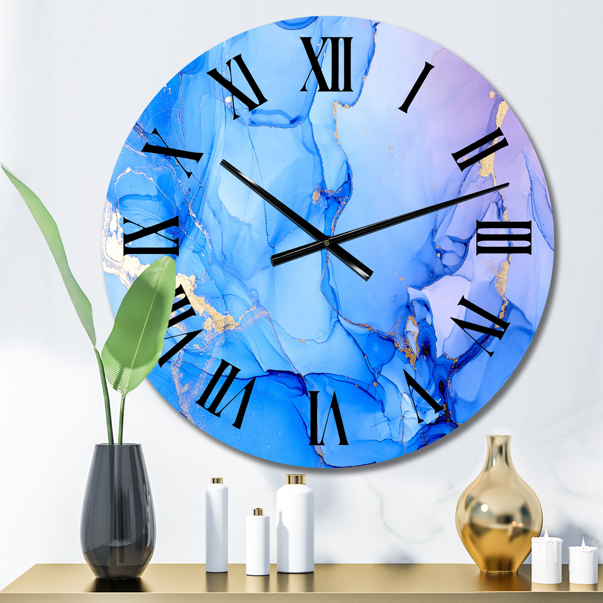 East Urban Home Purple and Blue Fluid Ink Art I - Modern Wall Clock ...