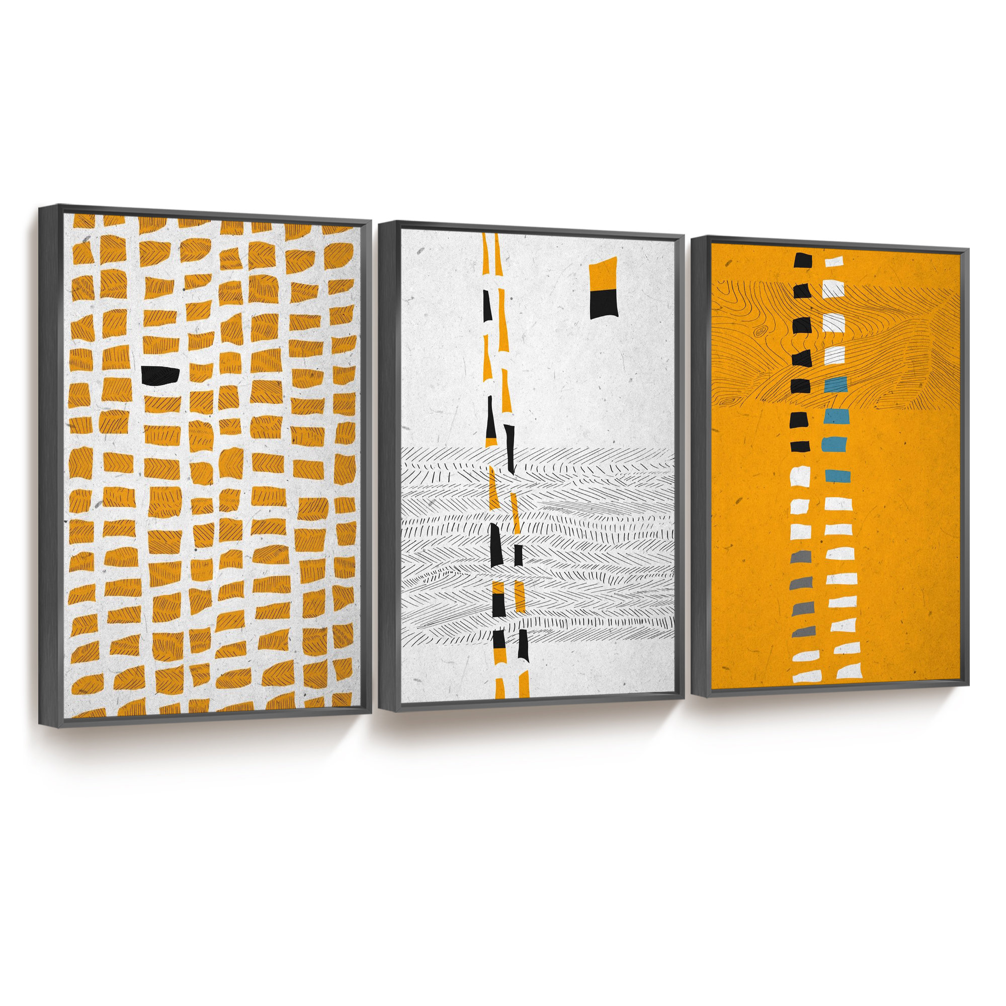Ivy Bronx Luxury Aluminum Frame Canvas Art 3 Pieces Geometric Abstract ...