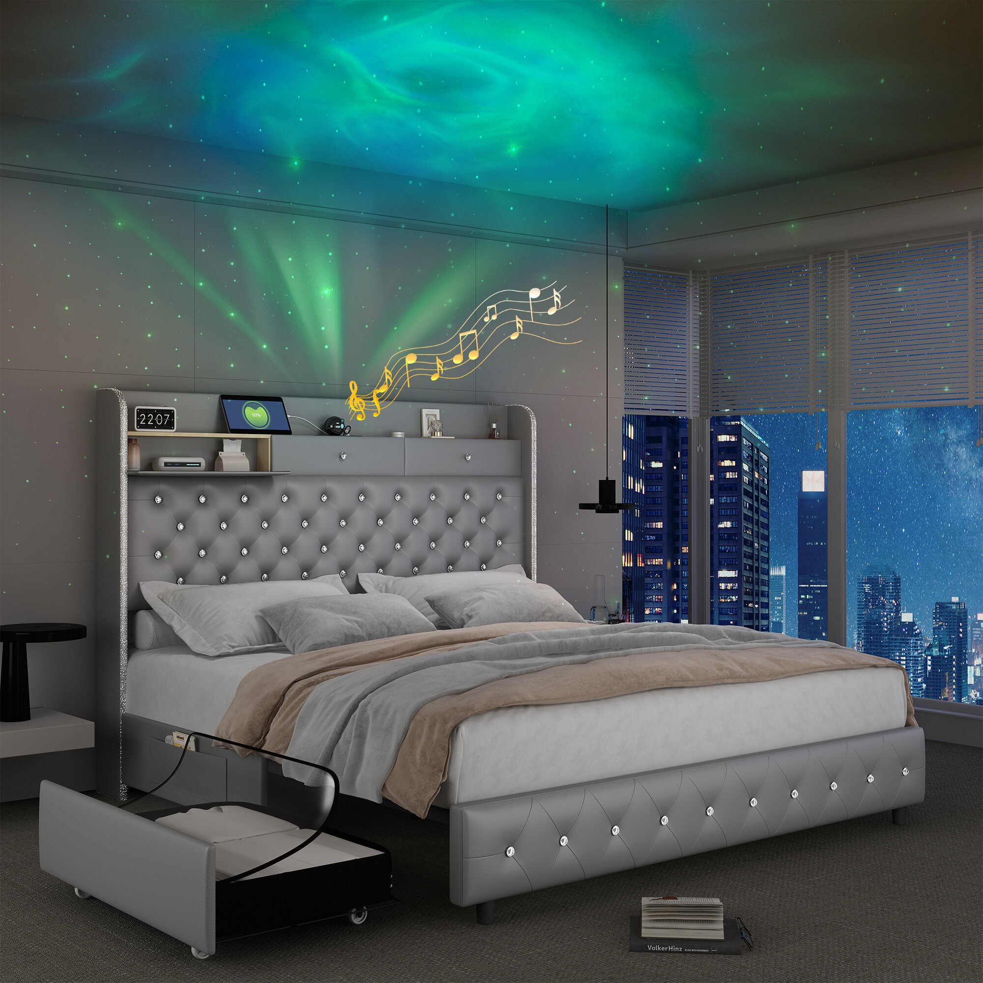 House of Hampton® LED Bed Frame with Galaxy Projector, Charging Station ...