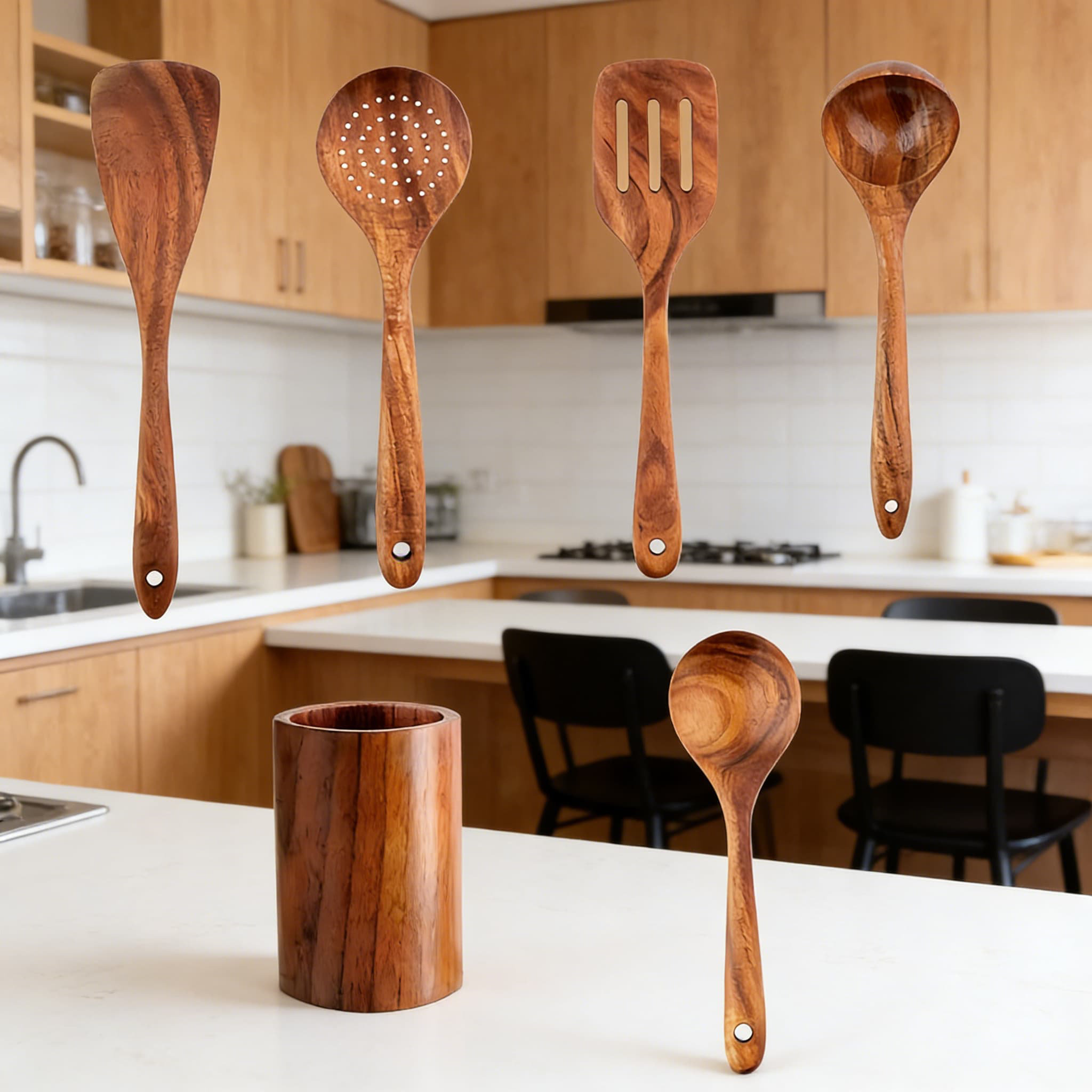 wuyi 6-Piece Teak Wooden Cooking Utensils Set With Stand - Non-Stick ...