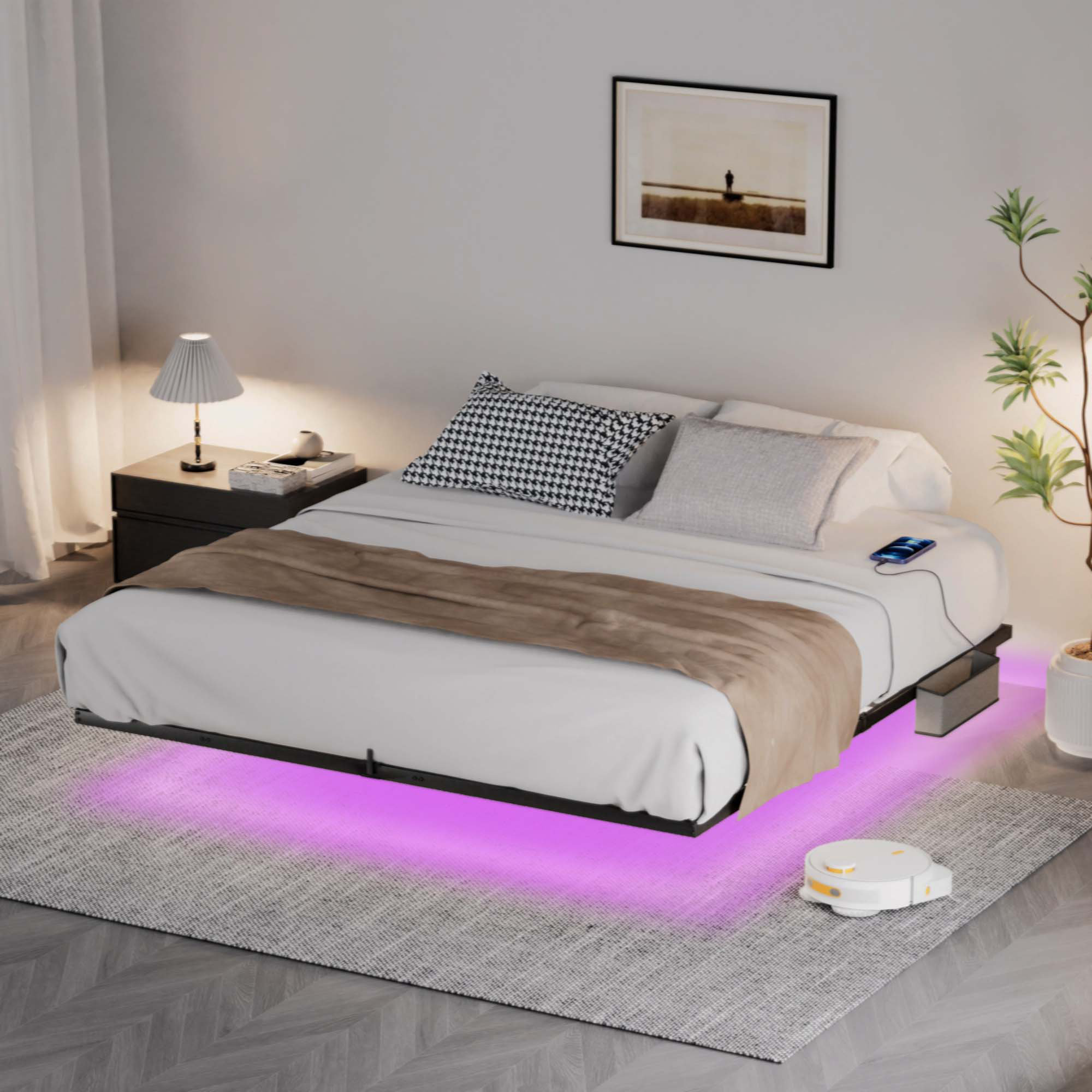 Wrought Studio Floating Bed Frame With LED Lights & Charging Station ...