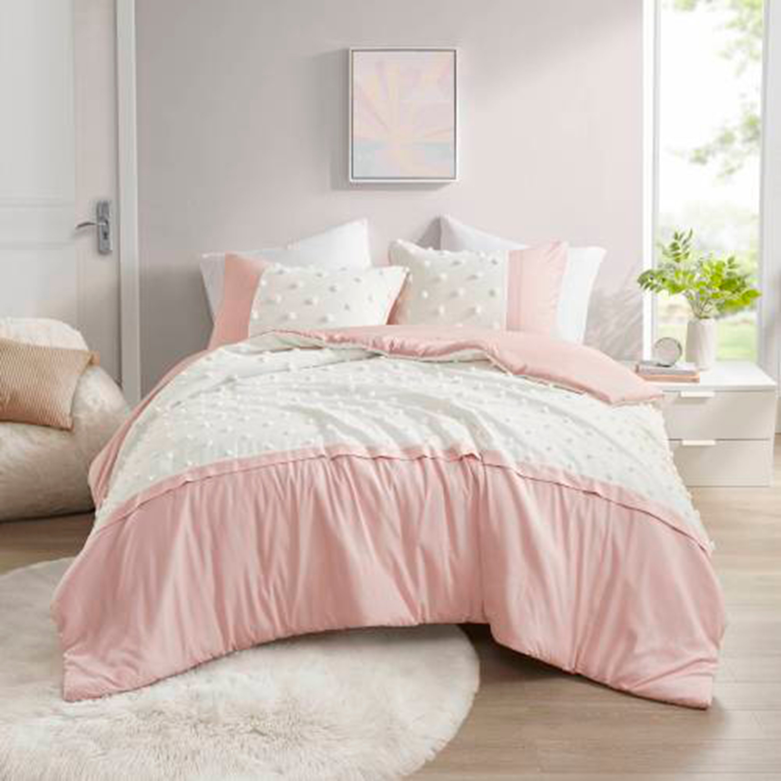LALA & WONZ 3-Piece Pink Colorblock Clip Jacquard Full Duvet Cover Set ...