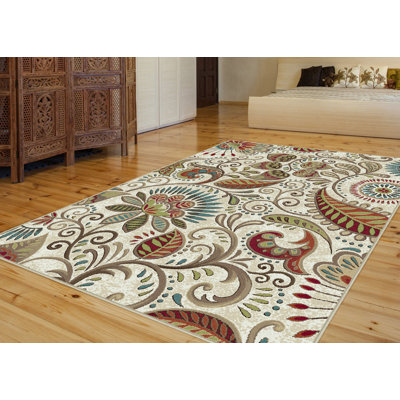 Charlton Home® Kasturi Floral Ivory/Mocha/Wine Red Area Rug & Reviews ...