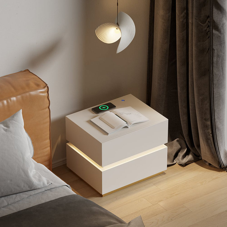 Ivy Bronx Smart LED Nightstand Wireless Charging Station Bedside Table ...