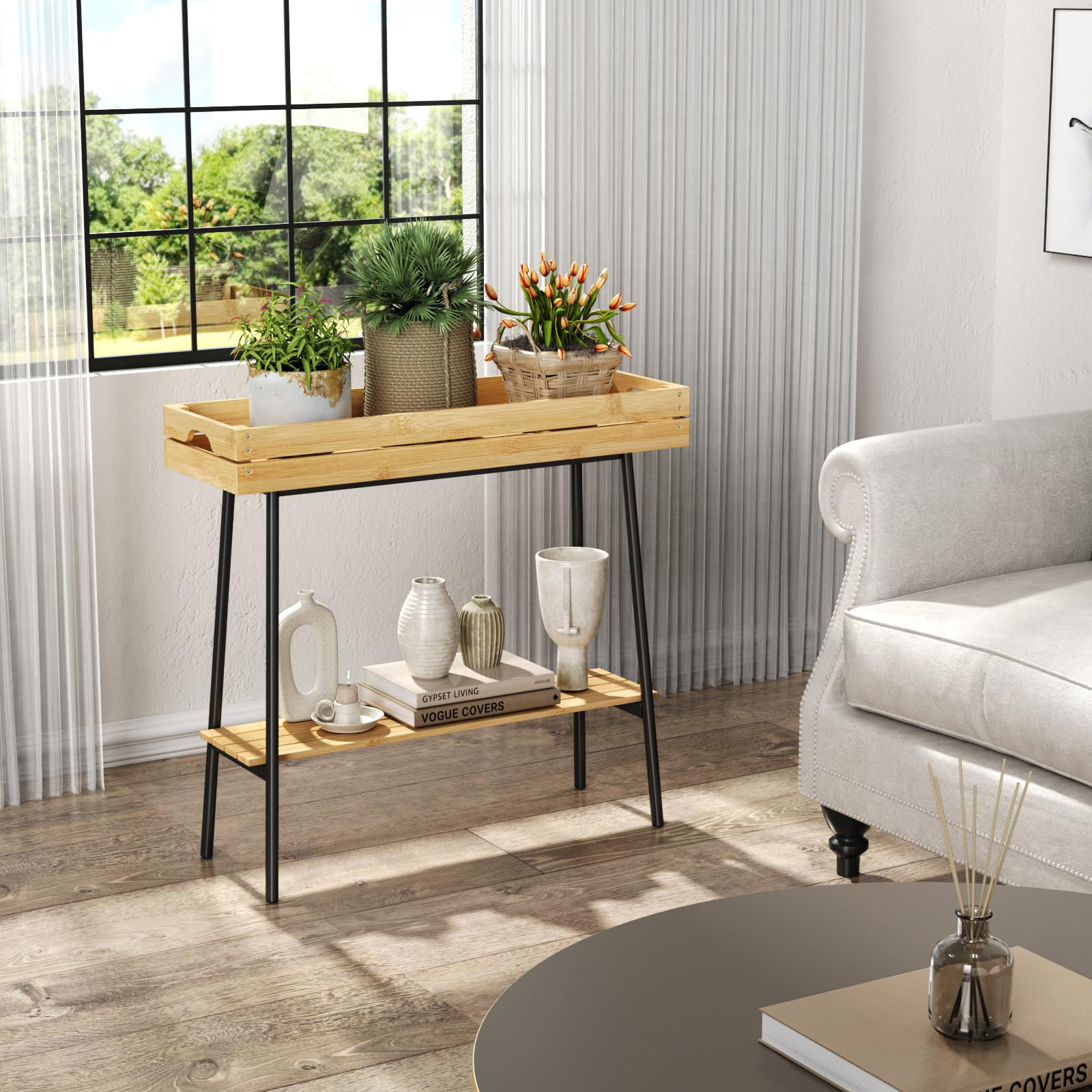 17 Stories Bamboo Plant Stand Indoor, 2 Tier Wood Small Plant Table ...