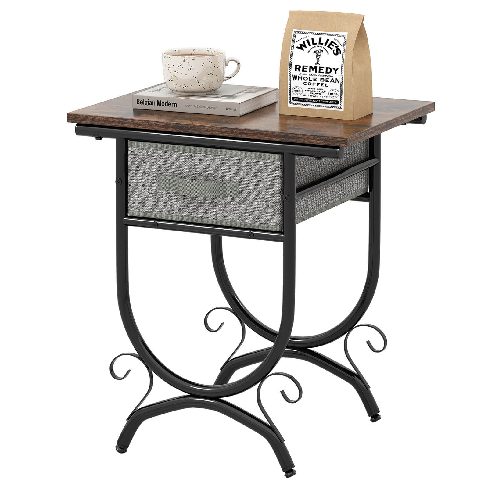 Williston Forge 1 Pcs Side Table With Fabric Drawer Carved Metal Frame ...