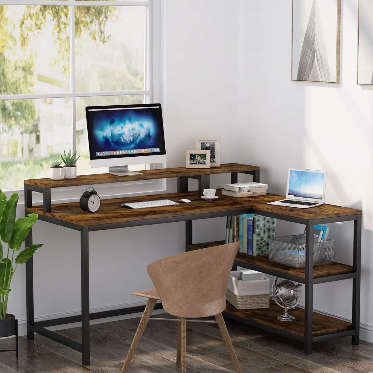 Borough Wharf Honeyville 130Cm W L-Shape Computer Desk, Wood Top Metal ...