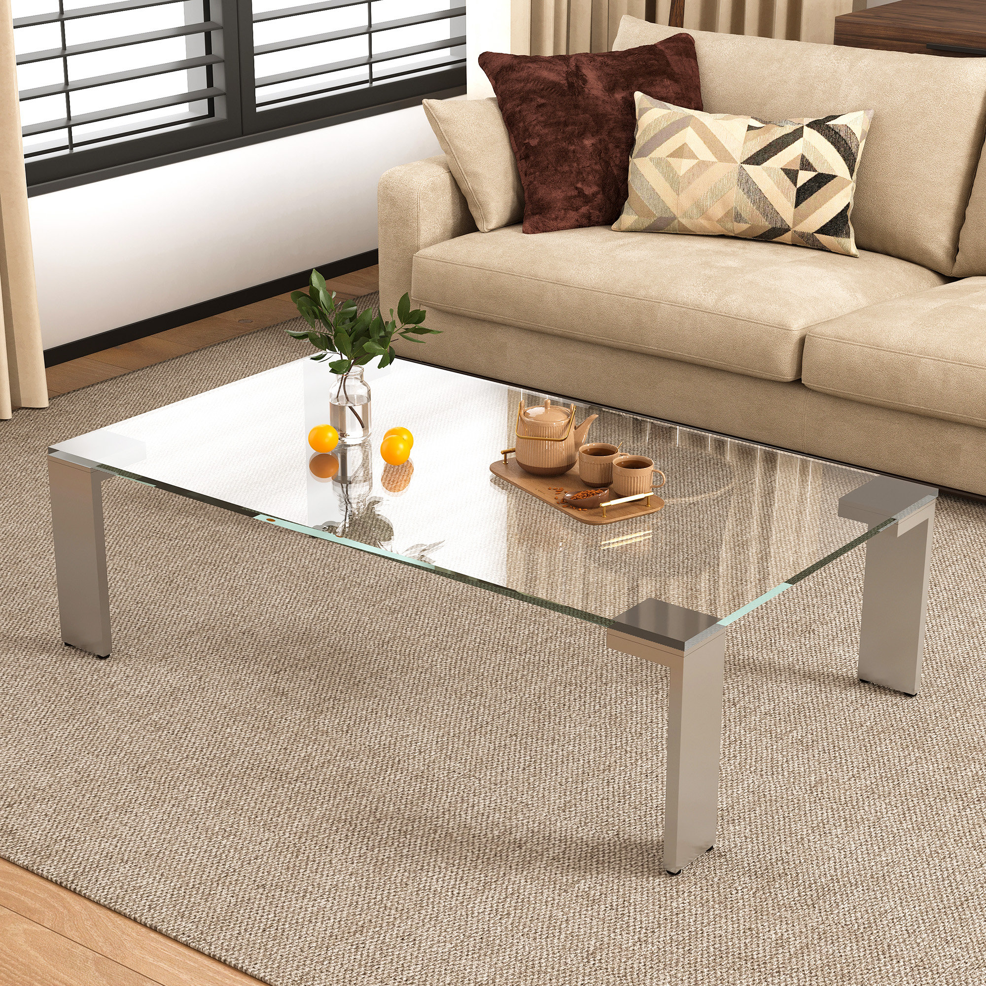 Latitude Run® 47.2" Modern Tempered Glass Coffee Table | Stainless ...