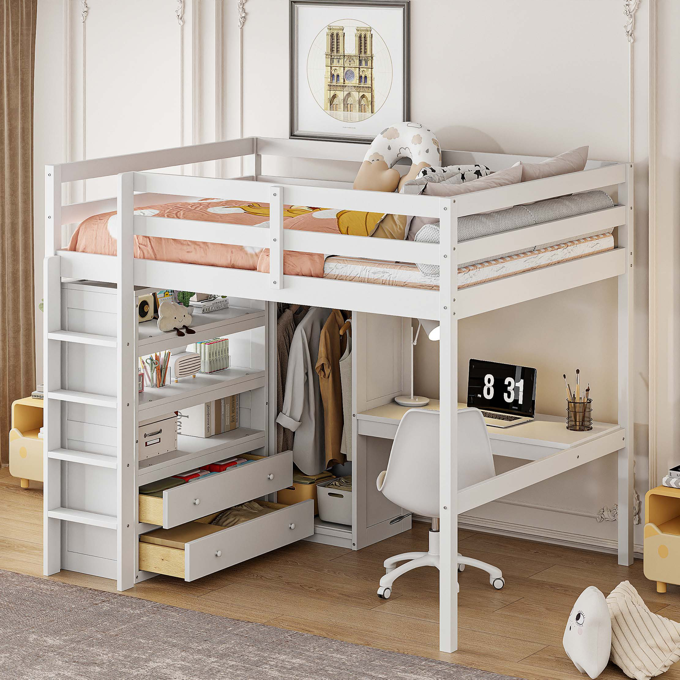 Latitude Run® Wood Full Size Loft Bed with Built-in Wardrobe, Desk ...
