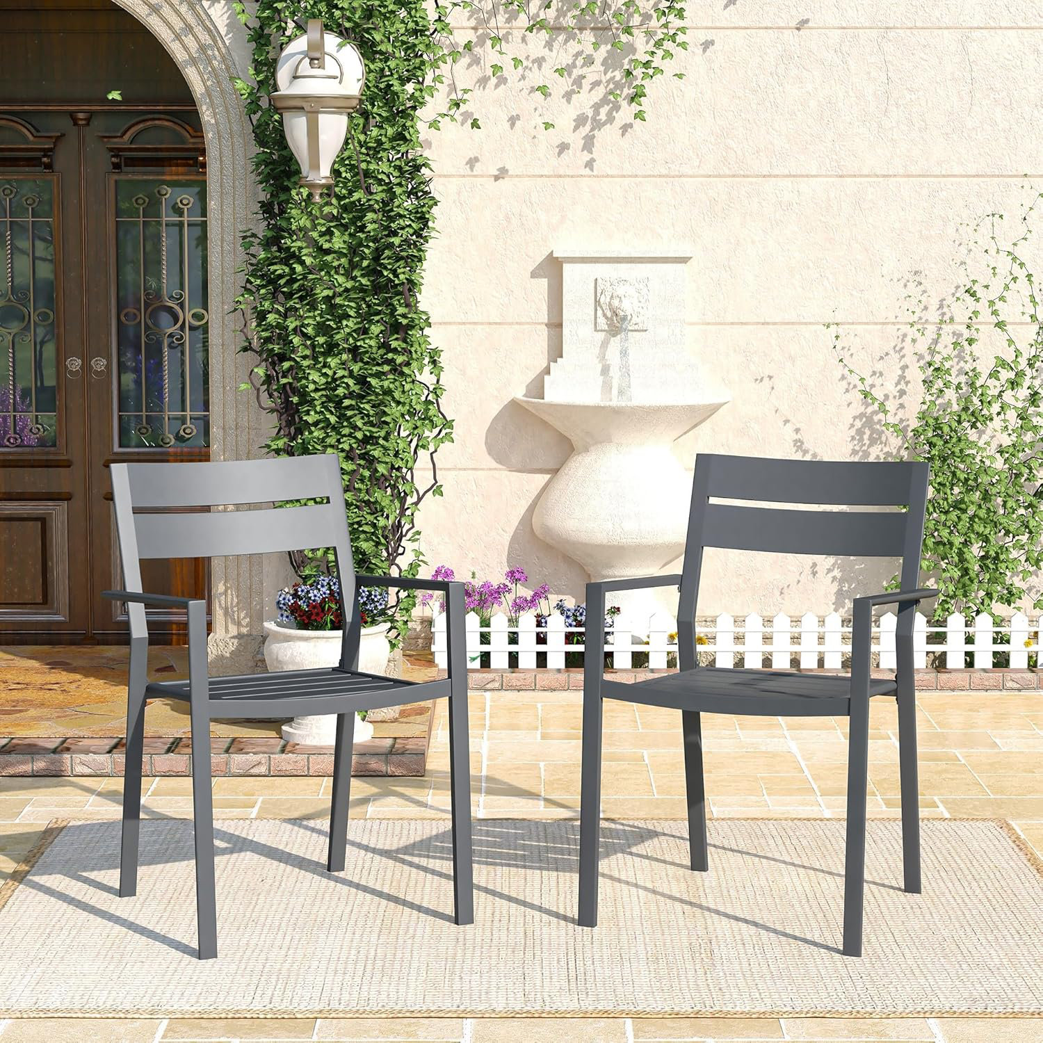 George Oliver Stackable Patio Dining Chairs Set Of 2, Grey Metal ...