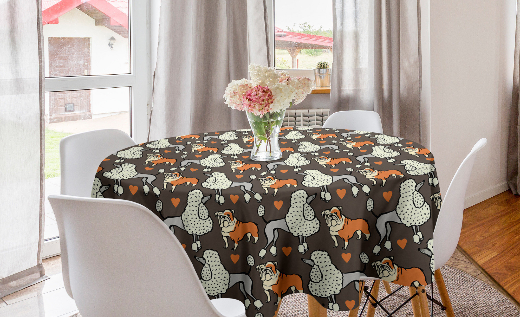 East Urban Home Poodle Round Tablecloth, Doodle Illustration Of Dogs ...