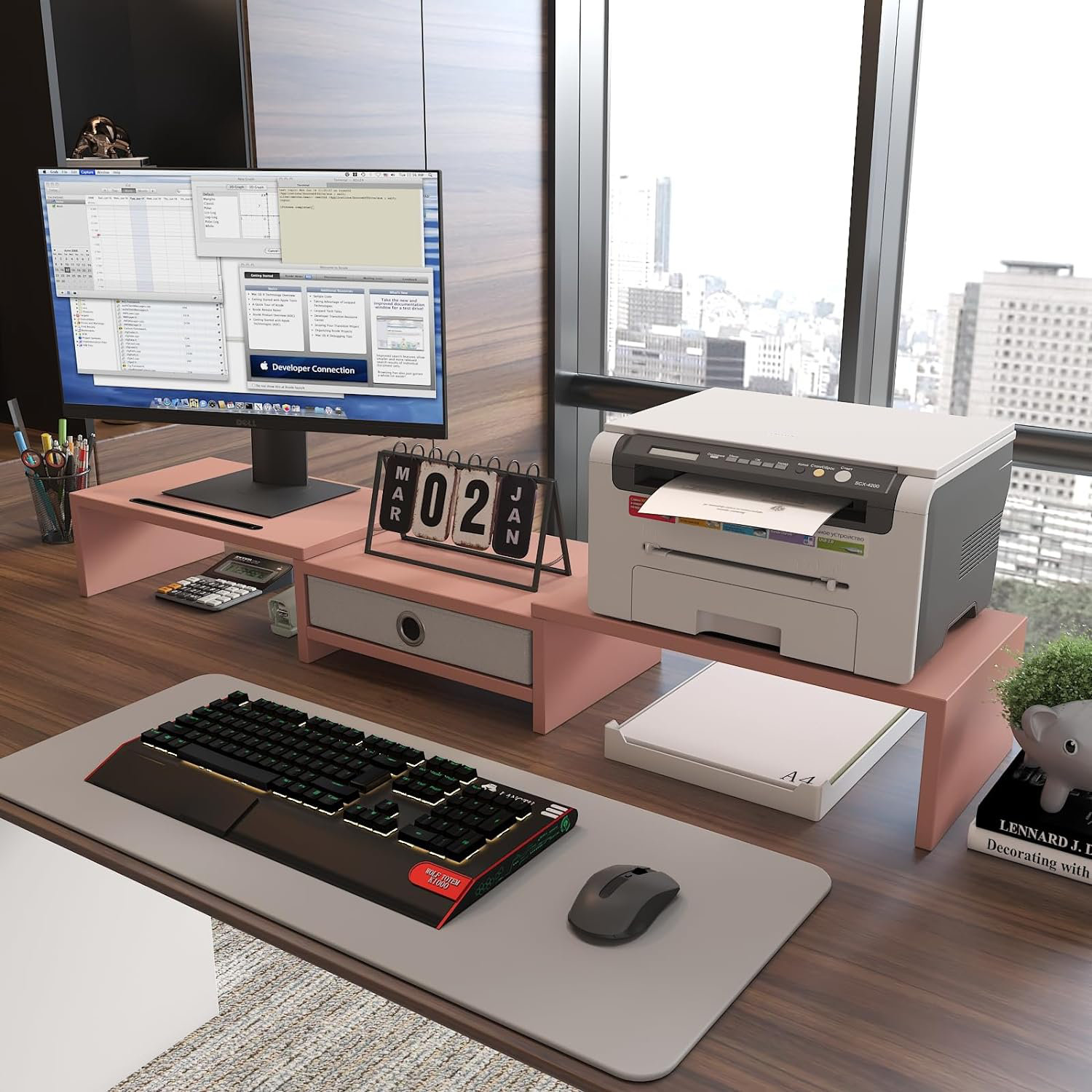 Hokku Designs Dual 3 Shelf Computer Riser With Drawer, Adjustable ...