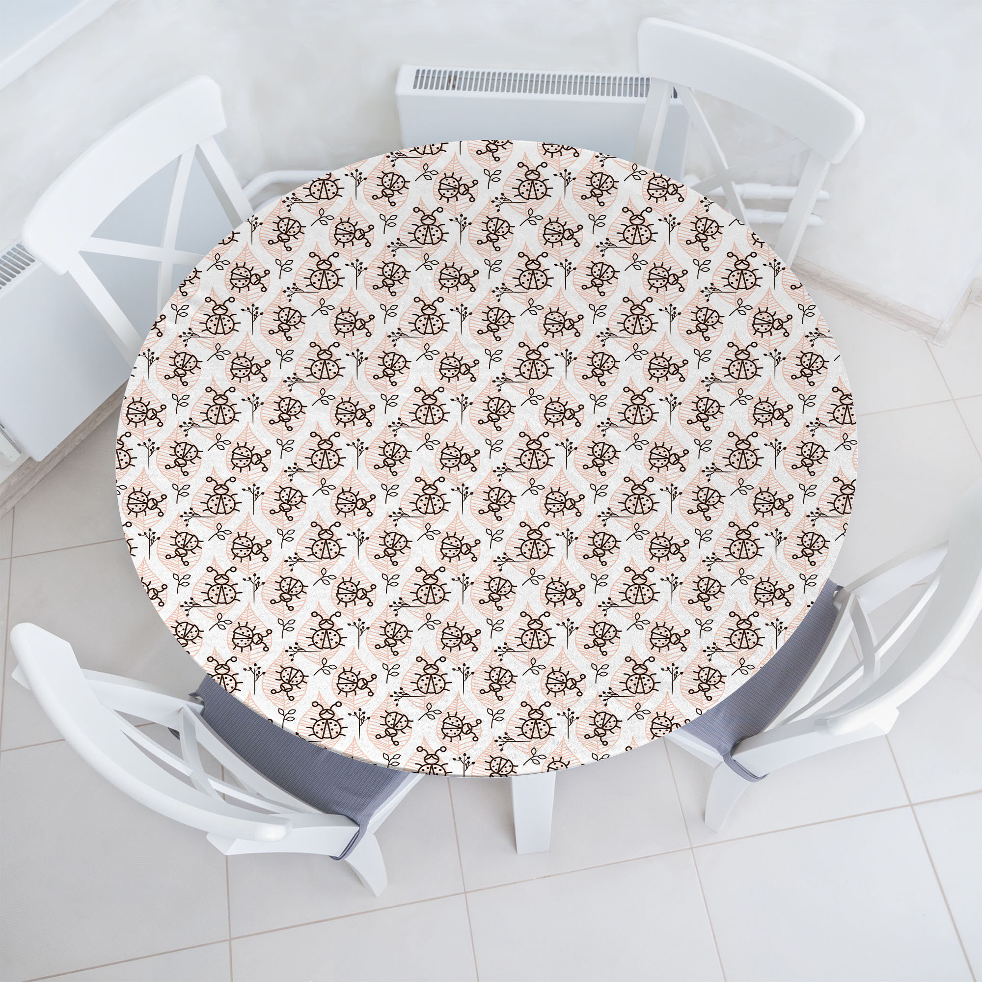 Bungalow Rose Ladybug Fitted Round Tablecloth Peach Charcoal Grey | Wayfair