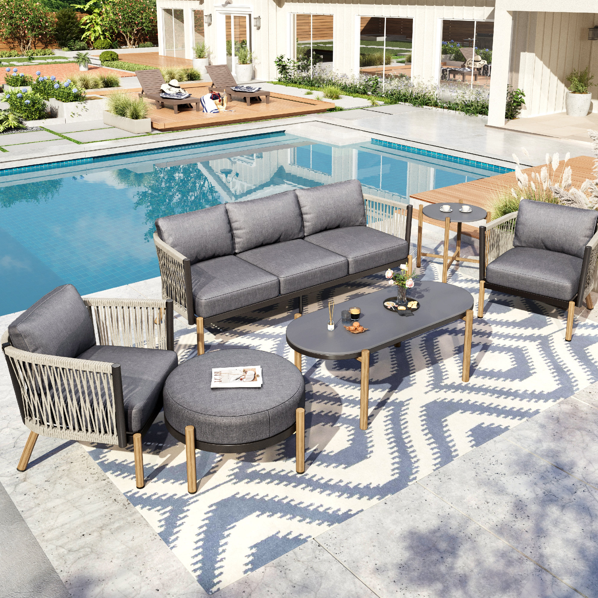 Alphamarts 5 - Person Patio Conversation Set With Lounge Chairs & Two ...