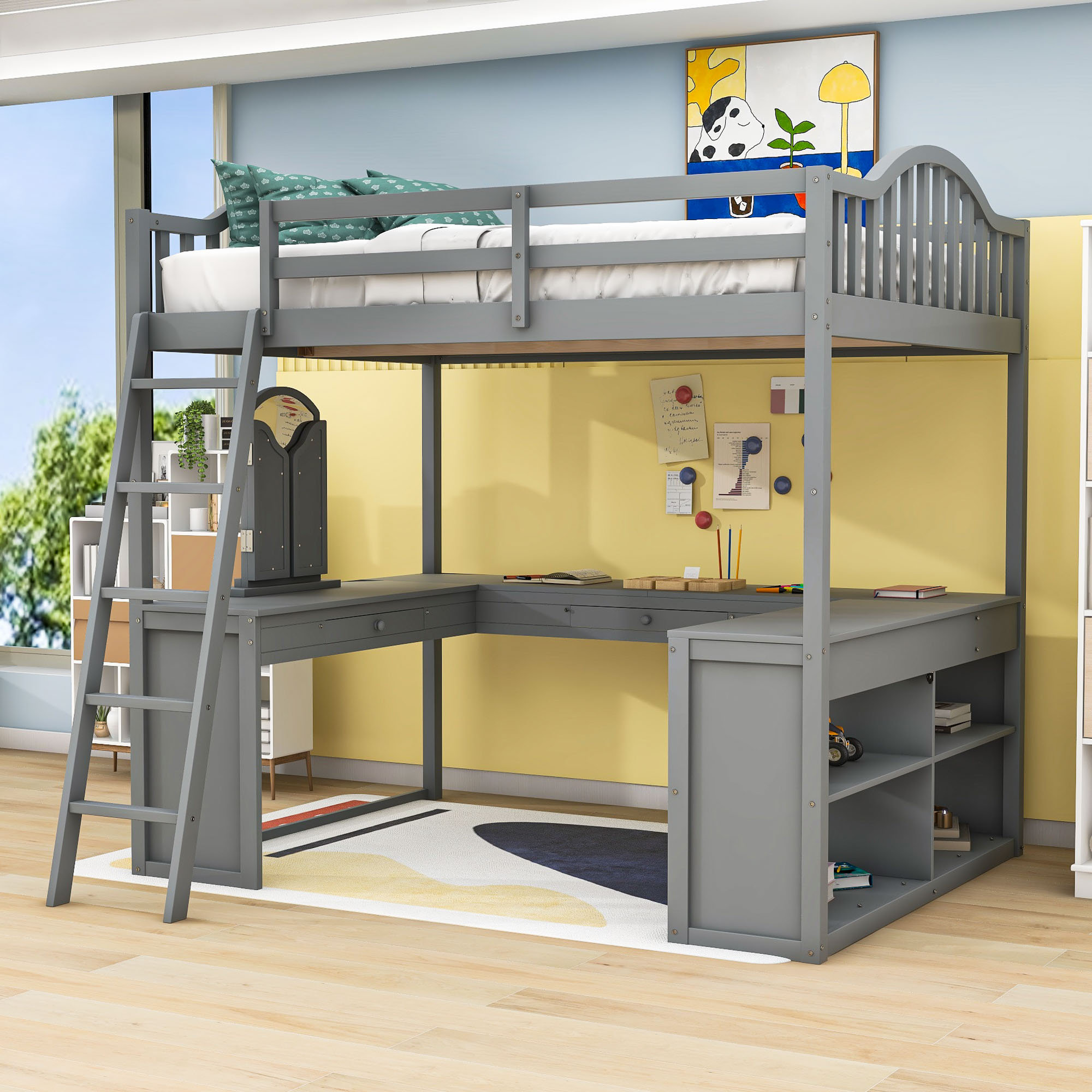 Harriet Bee Kayn Full Wooden Loft Bed With Desk, Tri-Fold Mirror And ...