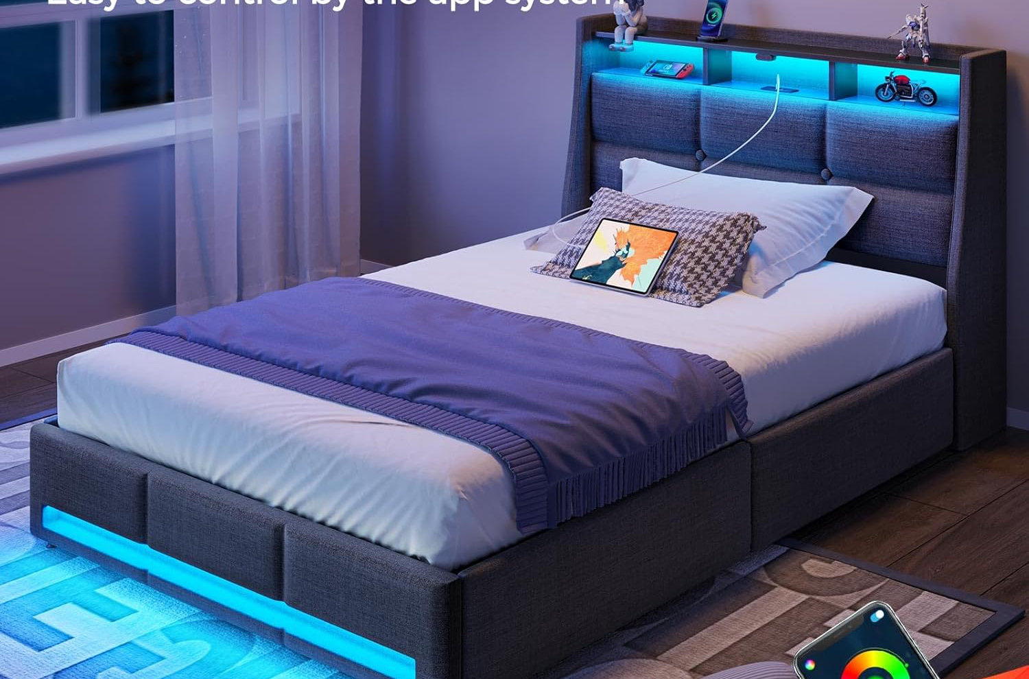 Brayden Studio Jakiah Twin Size Bed Frame with LED Lights and Charging ...