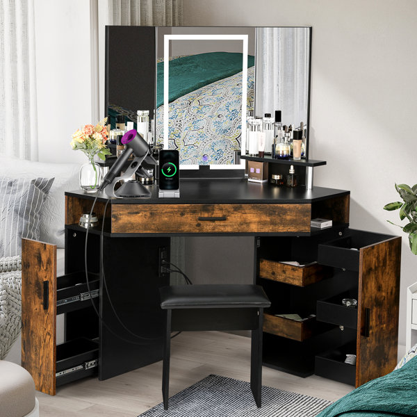 Latitude Run® Karolinka Tri-Fold Mirror with Outlets Vanity Set ...