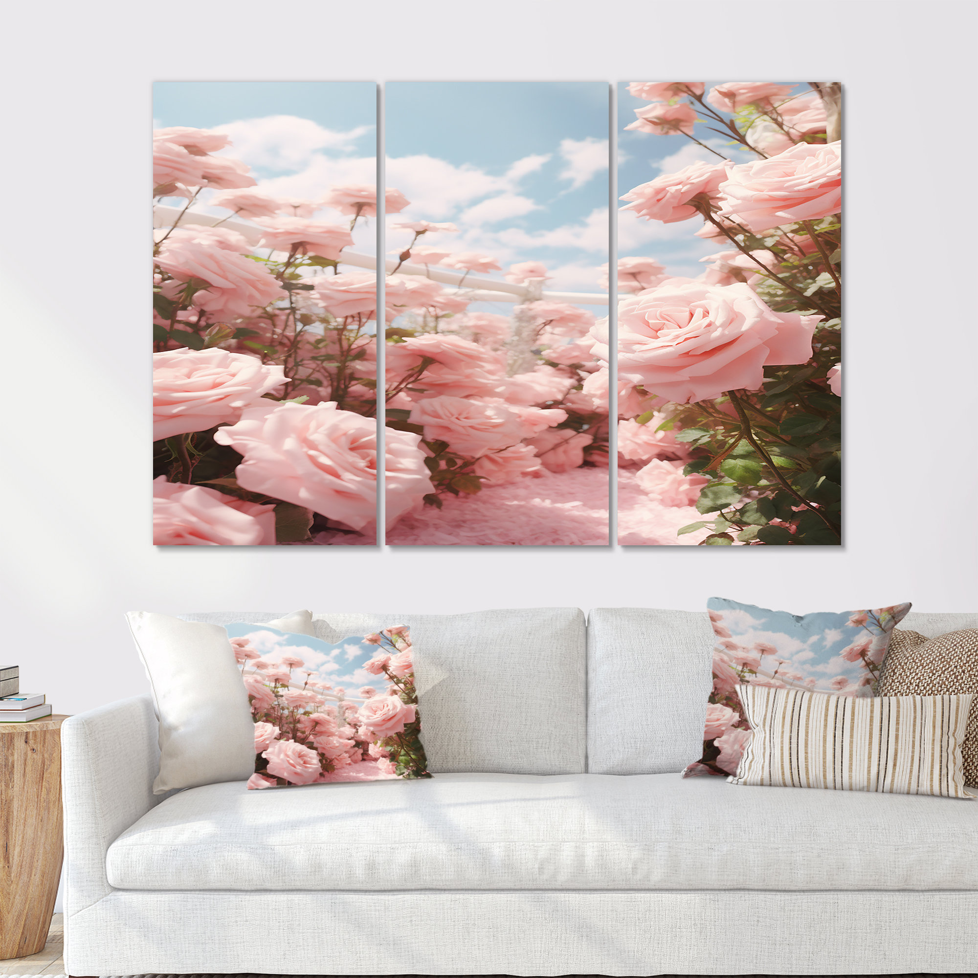 Design Art Pink Rose Field Summertime Blue - Roses Wall Art Print Set ...