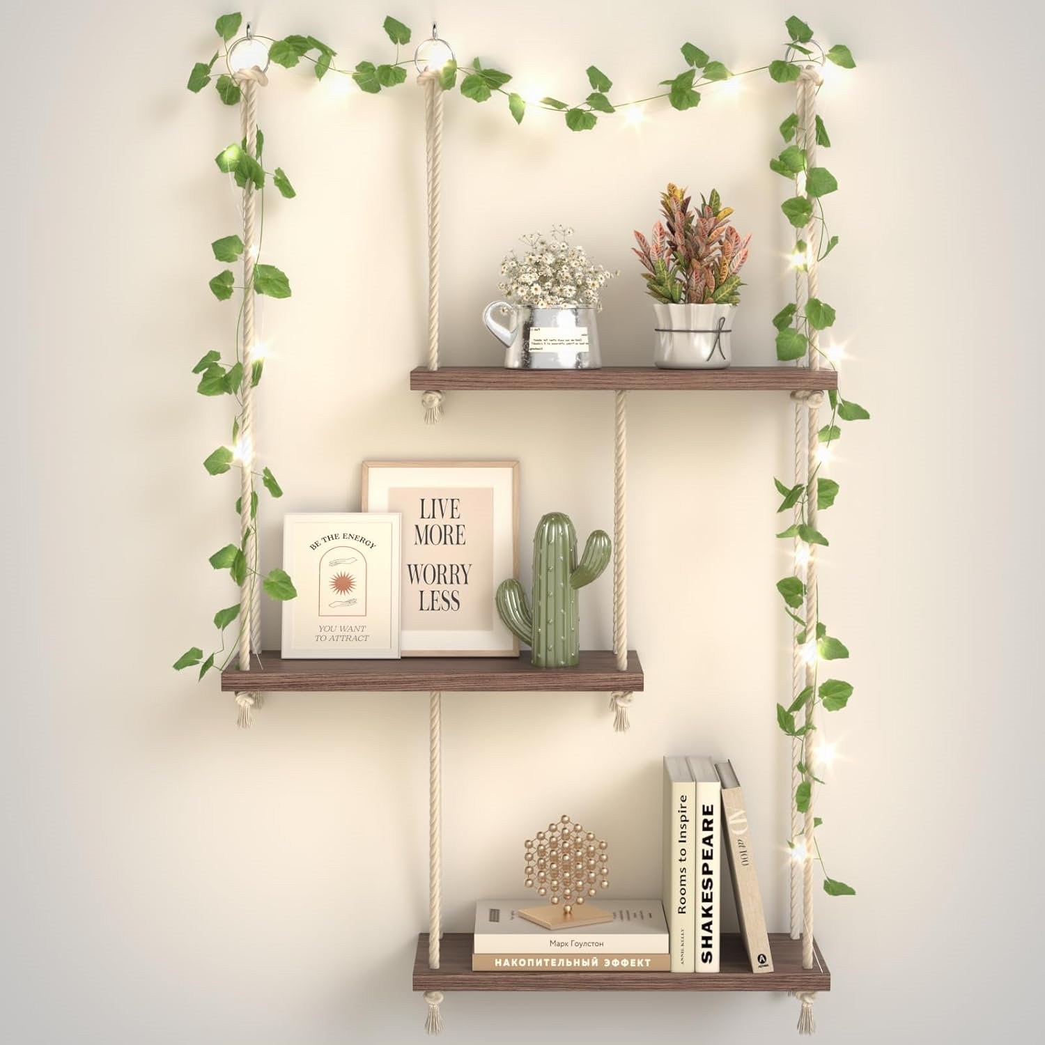 Dakota Fields 3 Tier Wall Mounted Floating Shelves With Vine Lights ...