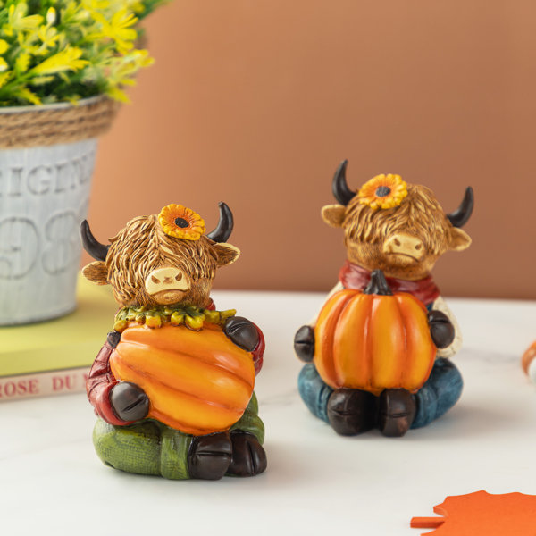 Ophelia & Co. 2-Piece 4.25"H Fall Resin Highland Cow Table Decor | Wayfair