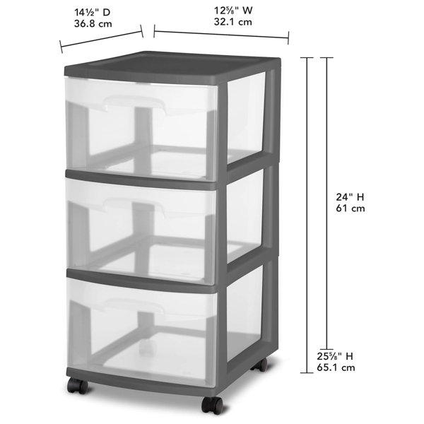 Sterilite 3 Drawer Home Organizer Storage Cart w/Caster Wheels, Gray (2 ...