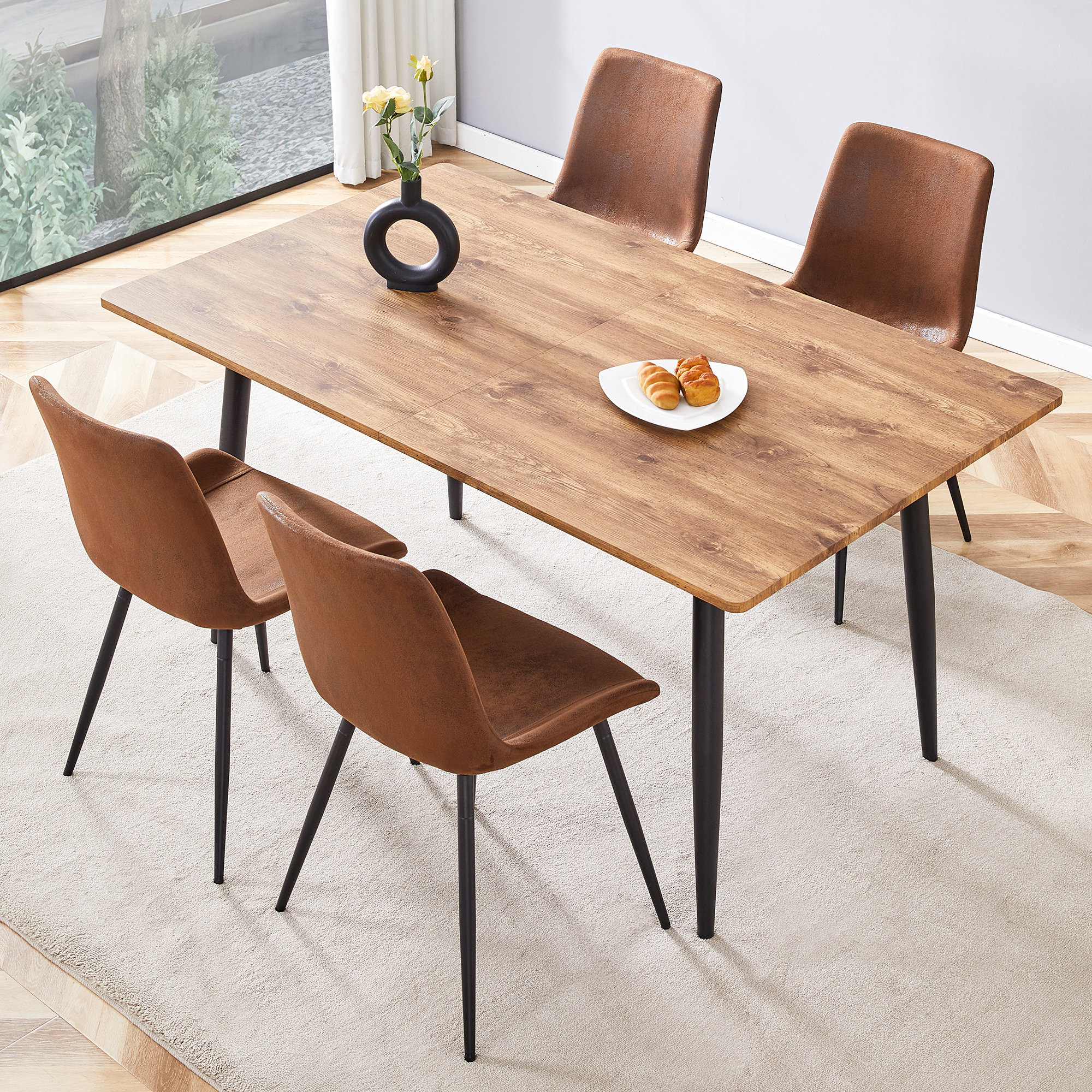 17 Stories 59-75 Inch Expandable Rectangle Dining Table With 6Pcs Pu ...