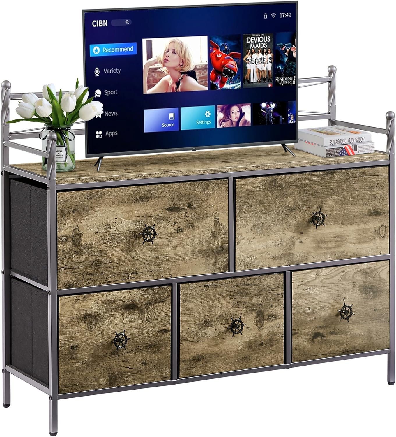 17 Stories Multifunctional Dresser TV Stand With 5 Fabric Drawers ...