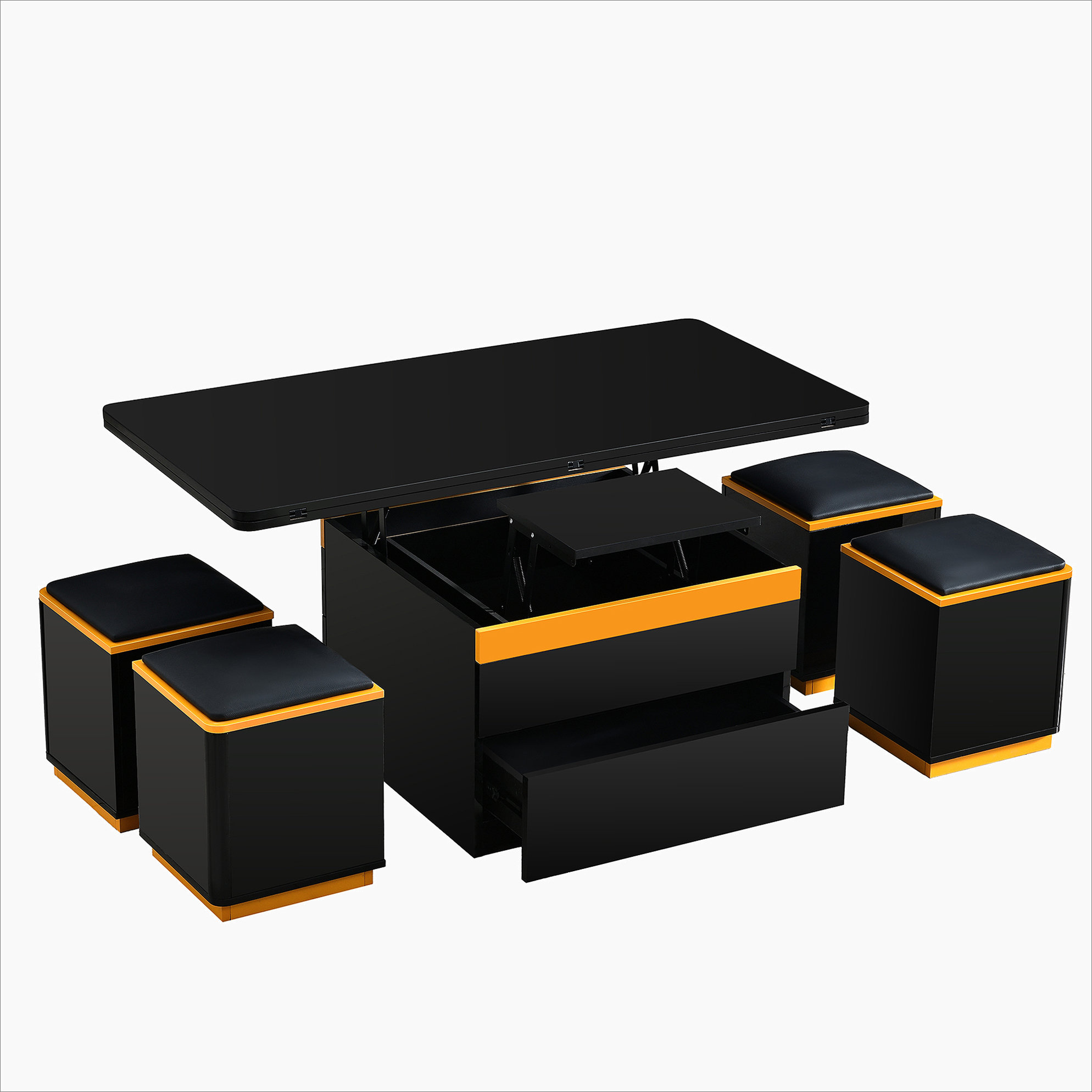 Ivy Bronx Lift-Top Coffee Table with 4 Storage Stools, Modern Space ...