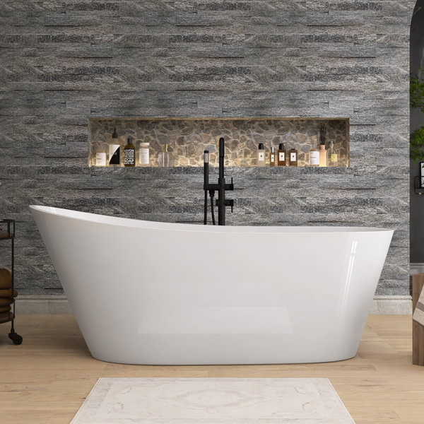 ZEAFIVE Free Standing Tub 59" Acrylic Freestanding Bathtub Adjustable ...