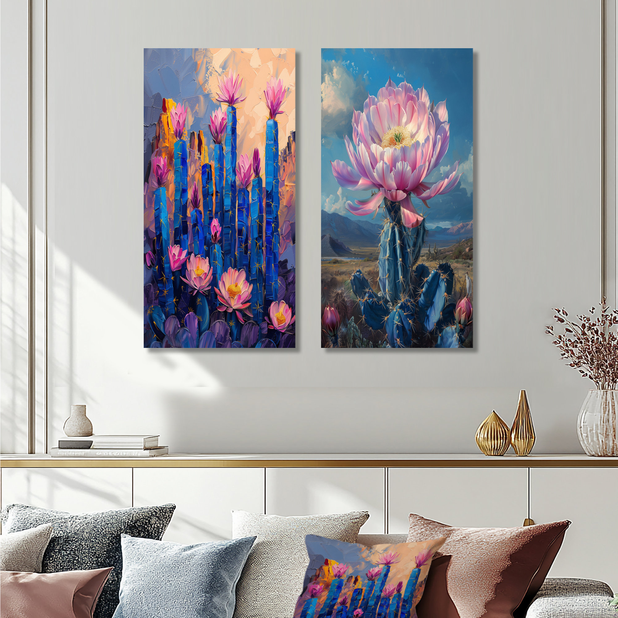 Bungalow Rose Pink Blue Flower Cactus Grace III - Floral Cactus Wall Art 2 Pieces Set | Wayfair