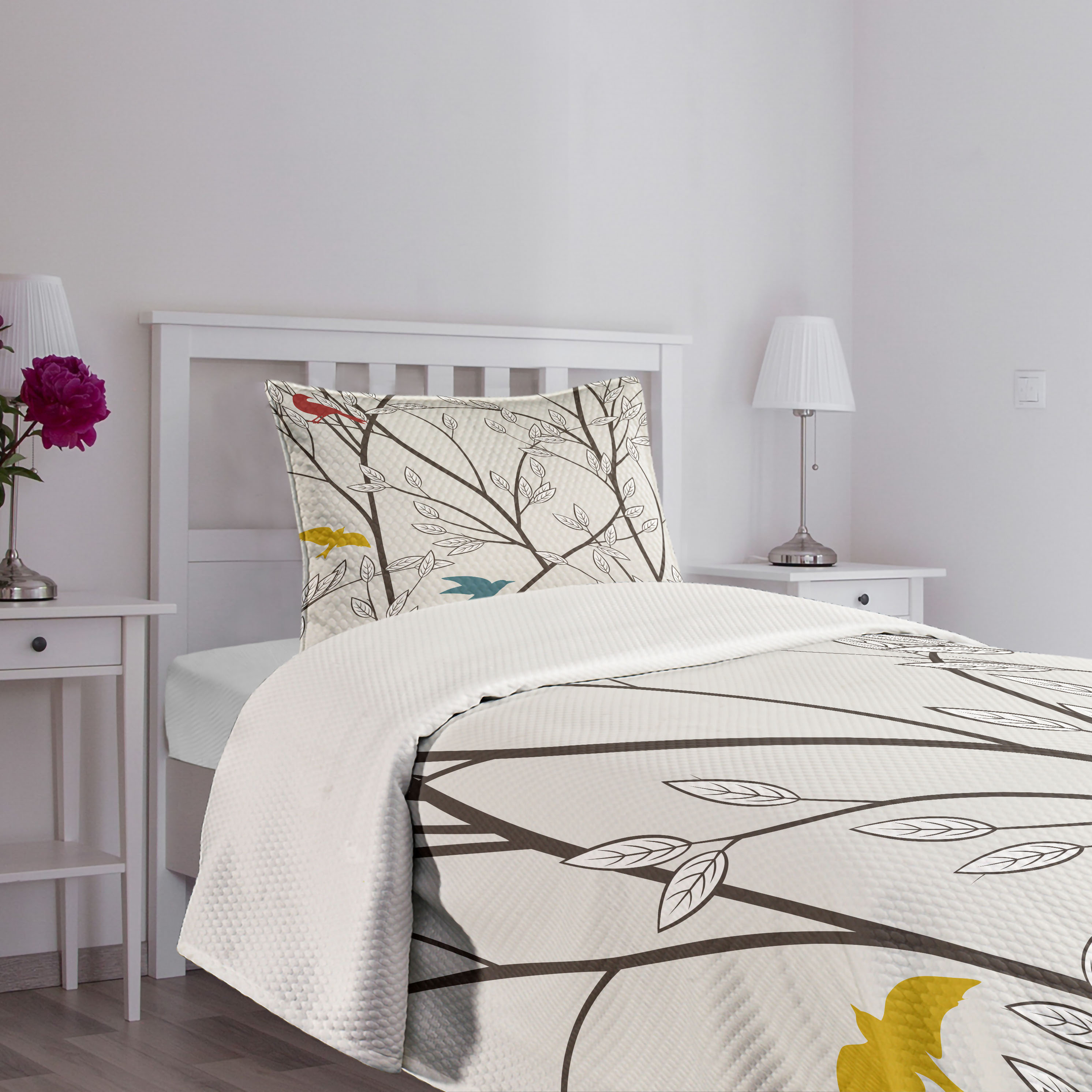 Ambesonne Nature Bedspread Set Birds Wildlife Cartoon Mustard Maroon ...