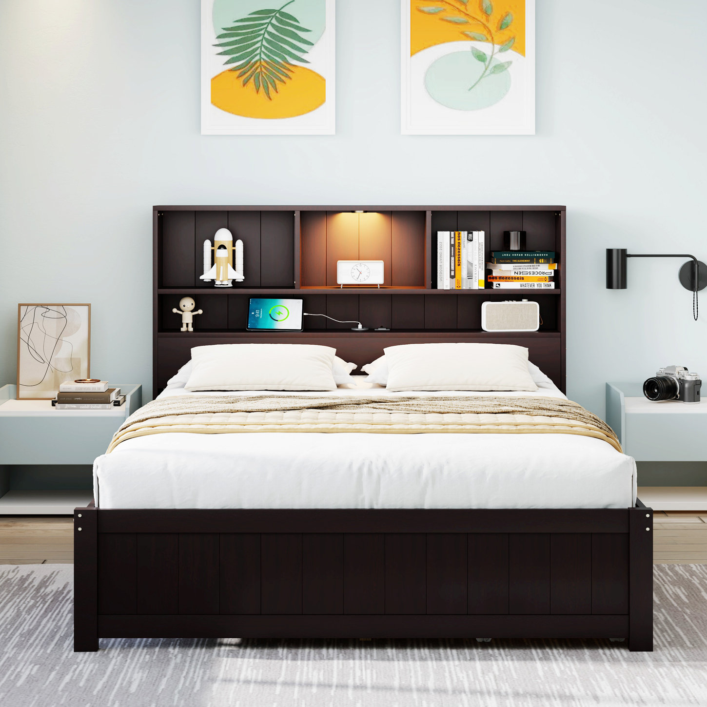Ivy Bronx Twin Size Platform Bed With Bookcase Headboard And 2 Side ...