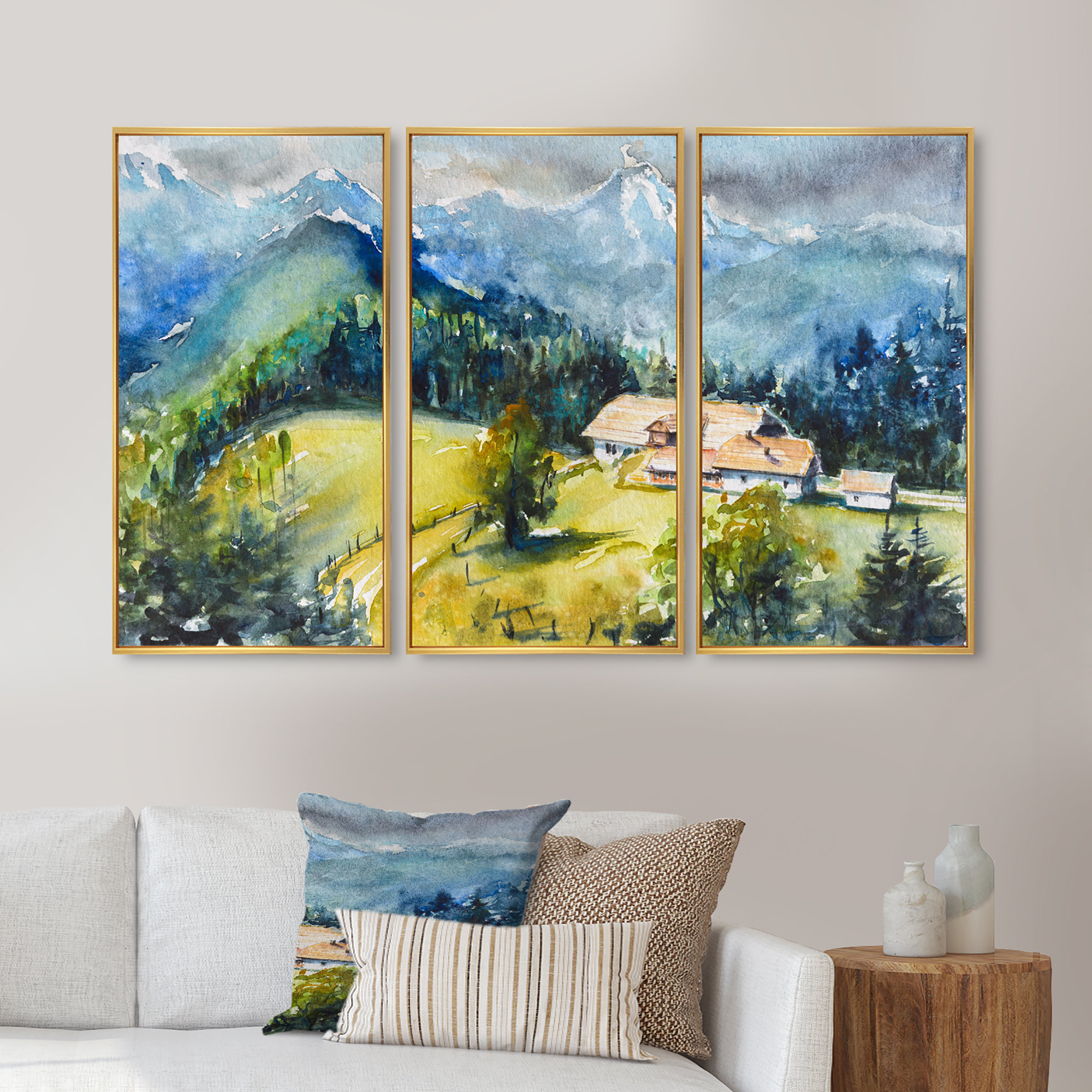 Millwood Pines Mountain Ranges And Farm In Foreground - Country Framed ...