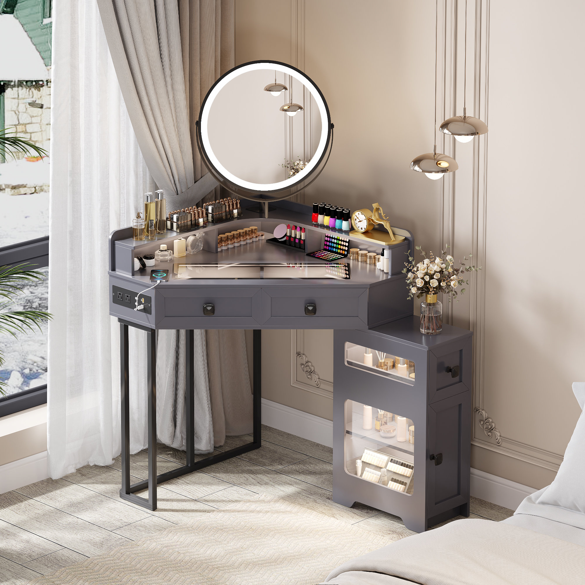 Ivy Bronx Machalik Corner Makeup Vanity With Mirror & Reviews | Wayfair