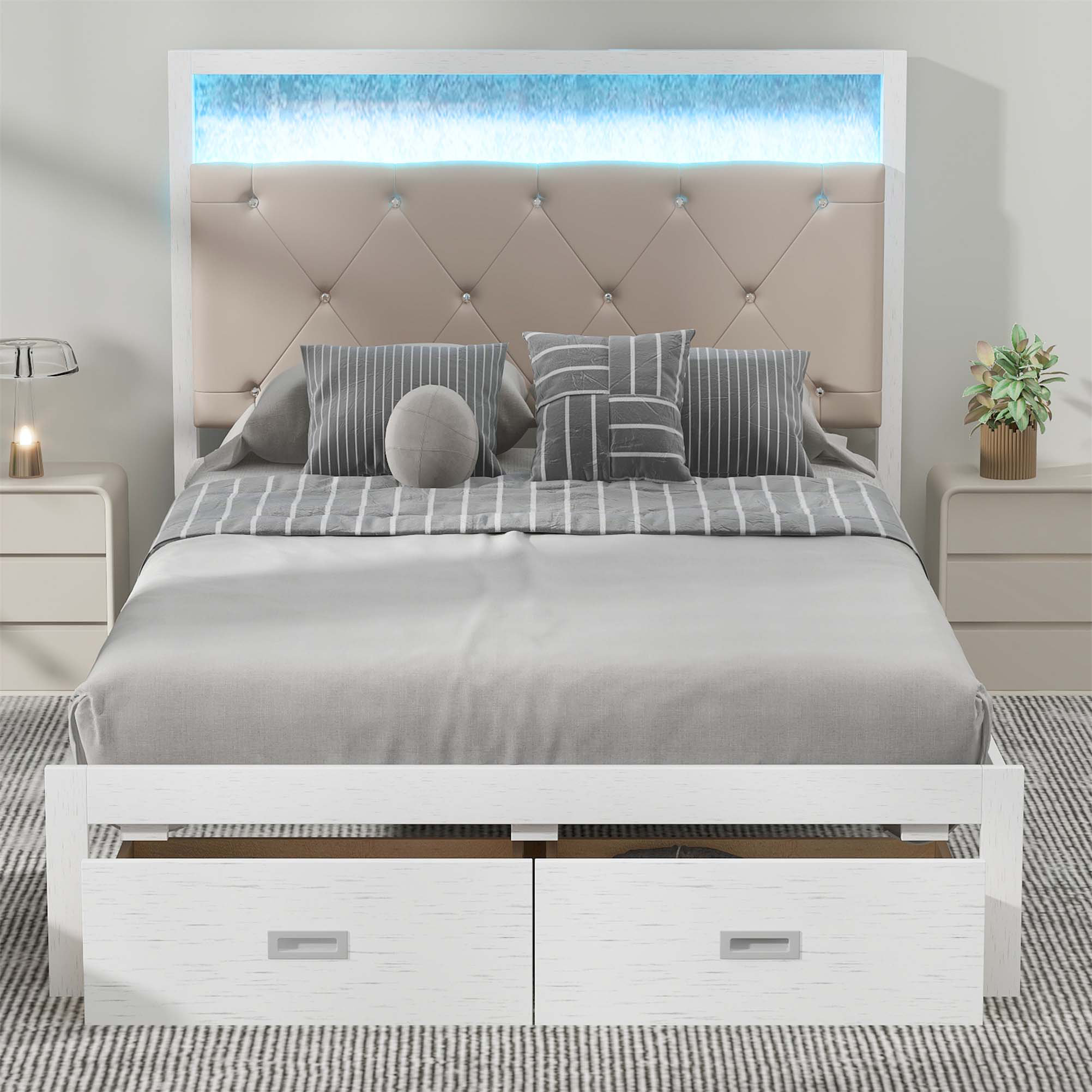 Lark Manor™ Wood Platform Bed With Upholstered Headboard And LED And 2 ...