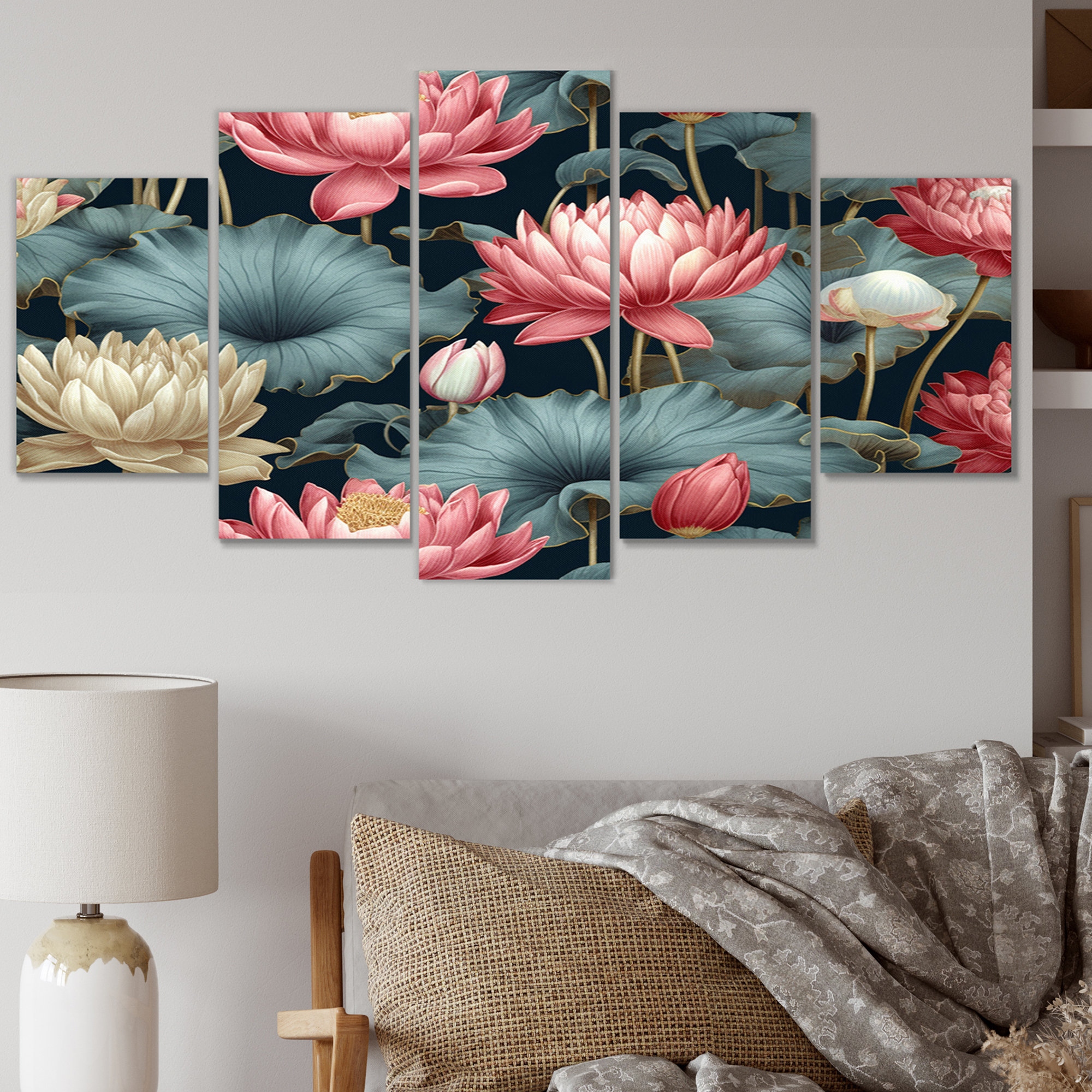 Design Art Multicolor Lotus Reflections II - Floral Canvas Art Print ...