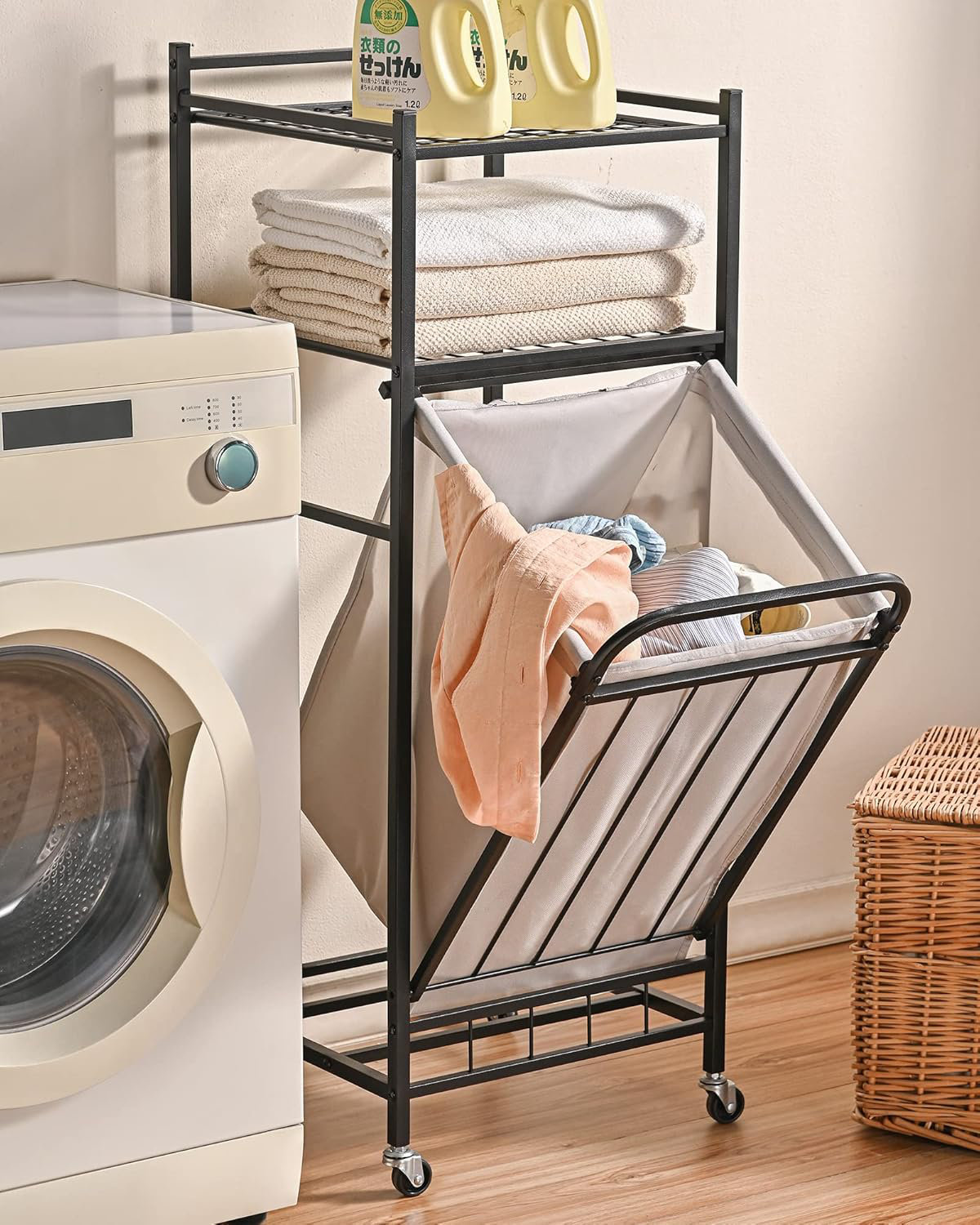 Hokku Designs Tilting Laundry Hamper With Shelves, Locking Wheels, 65L ...
