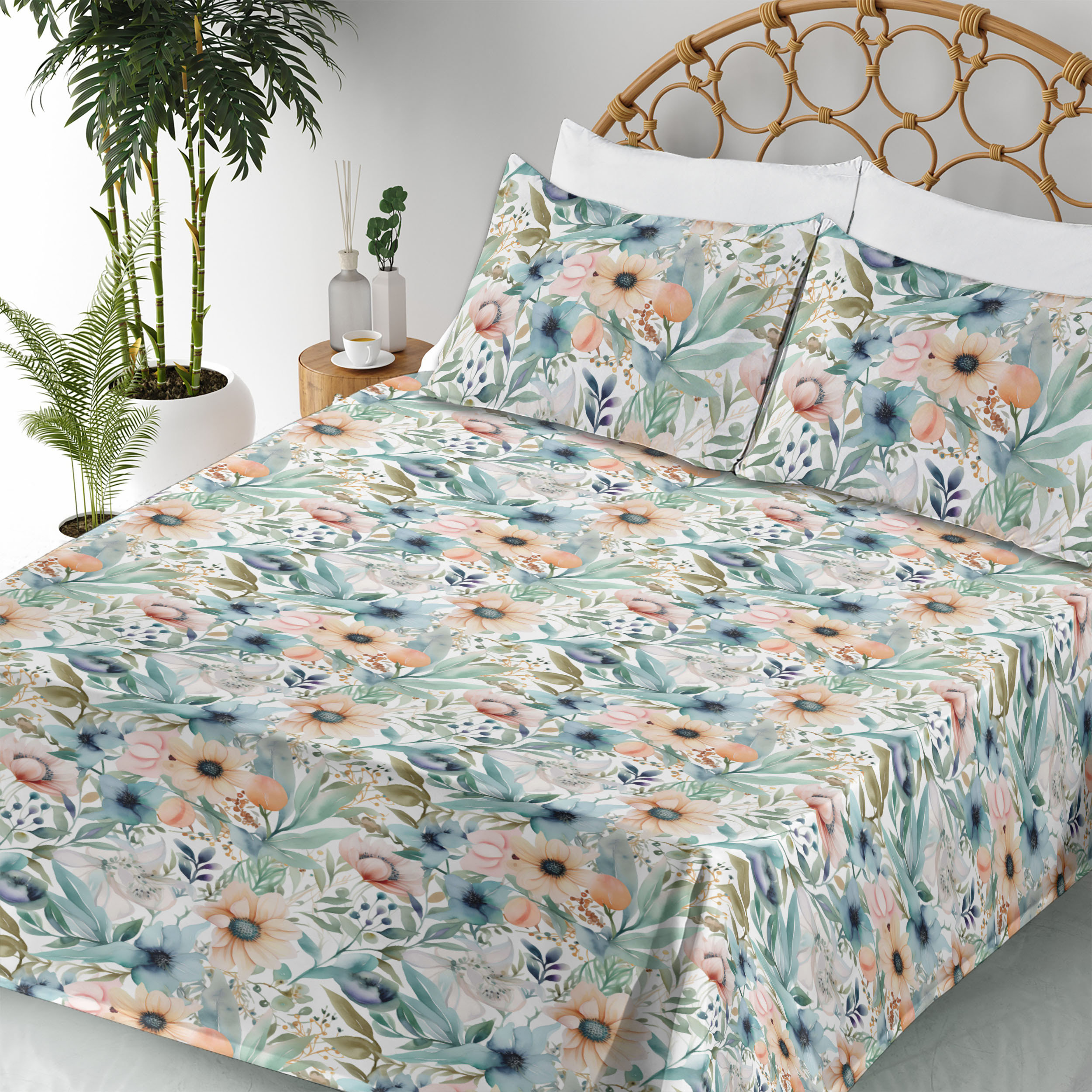 Ambesonne Spring Floral Sheet Set Romantic Garden Bloom Seafoam Peach ...