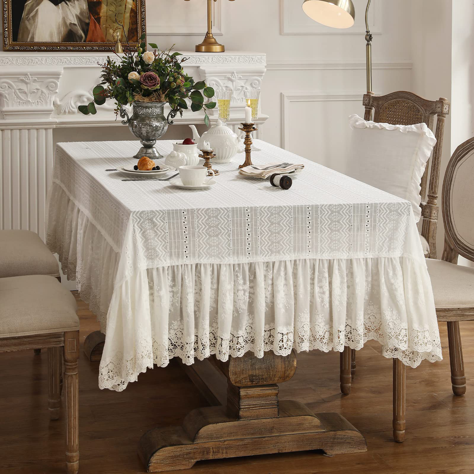 UZOPAL Vintage White Lace Embroidered Cotton Ruffle Tablecloth for ...