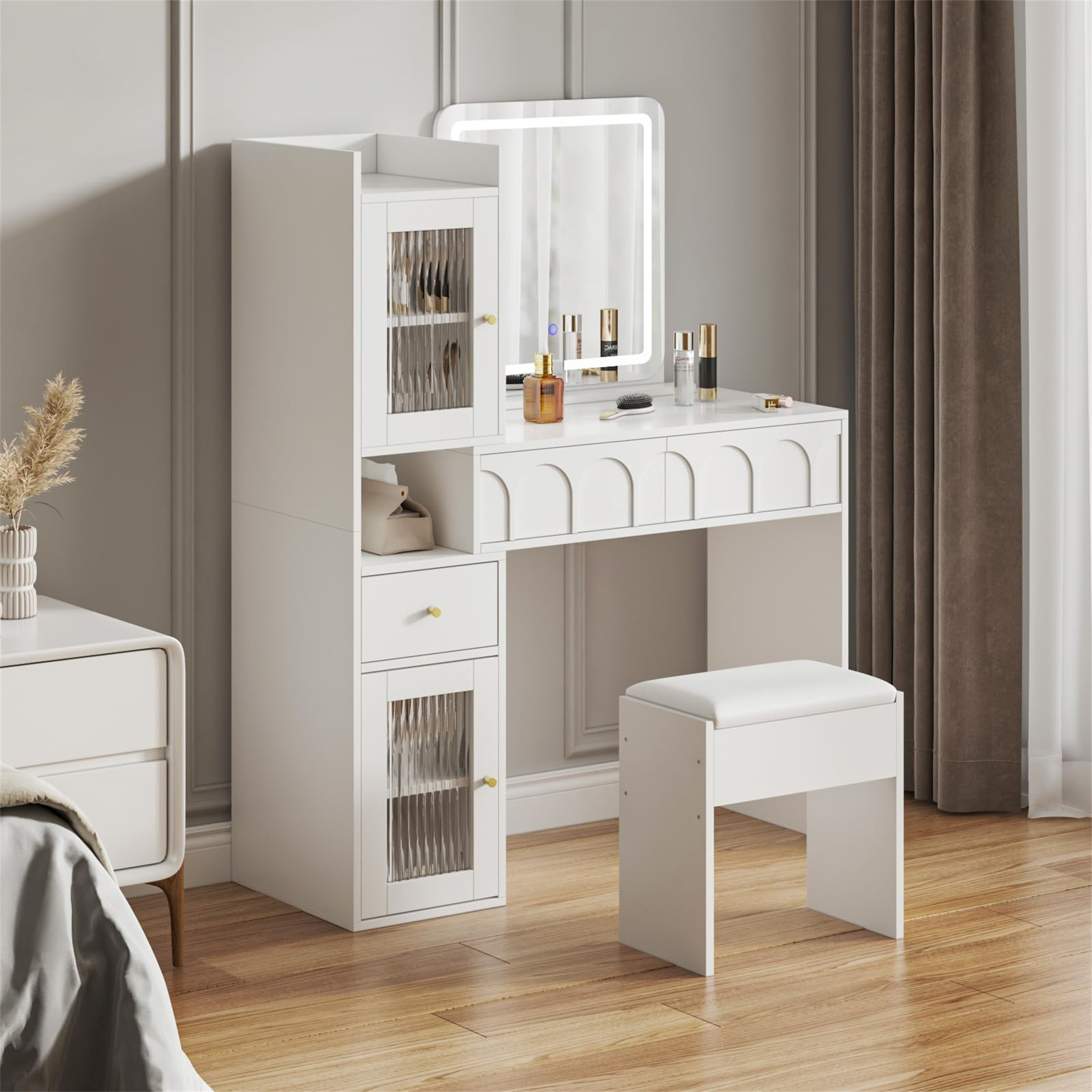 Brayden Studio Dressing Table With Mirror And Stool, Modern Vanity ...