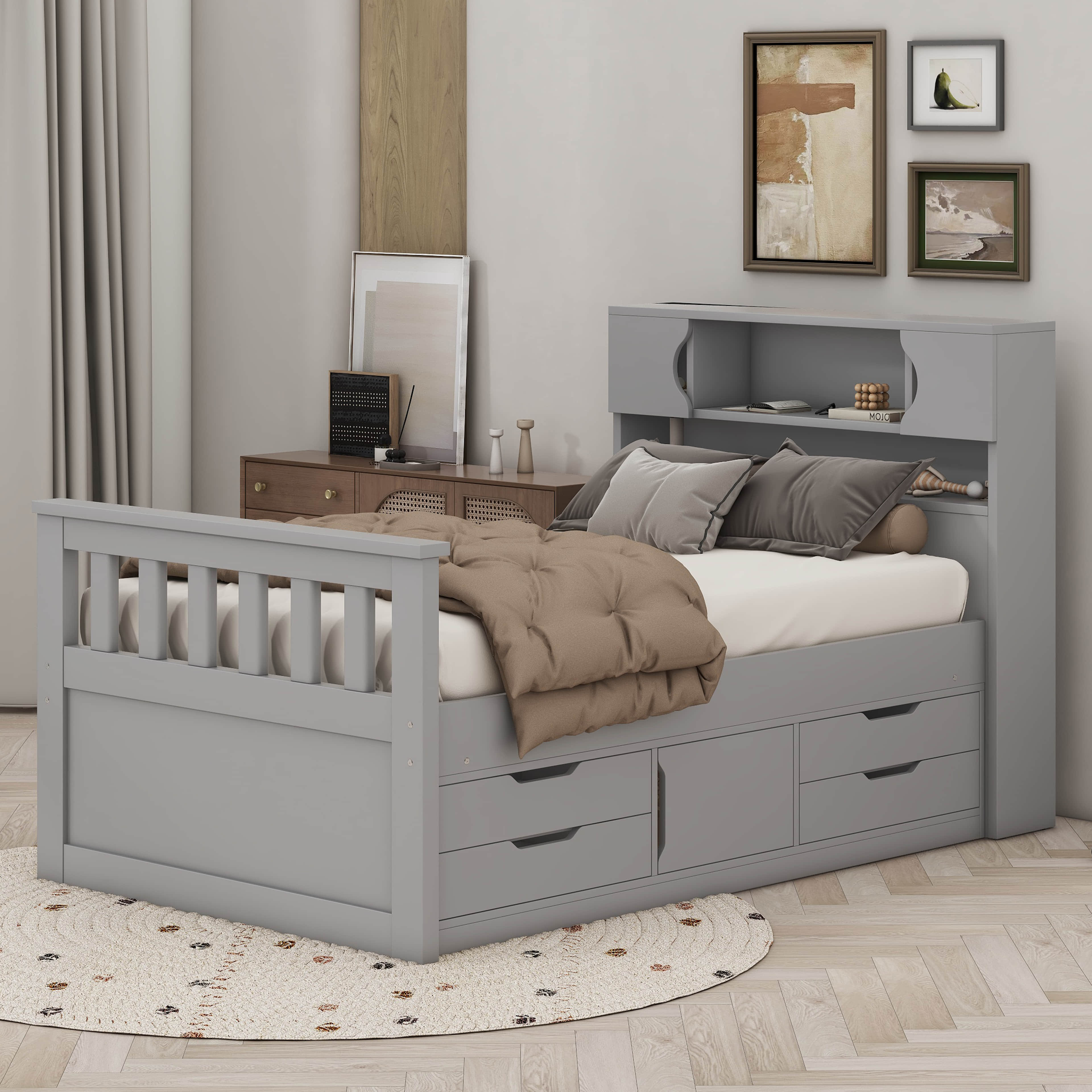 Latitude Run® Twin Size Captain Platform Bed Frame With Shelves And ...