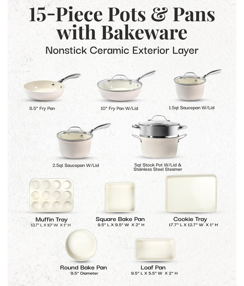 Gotham Steel Hammered Cream 15 Piece Ultra Ceramic Nonstick Cookware ...