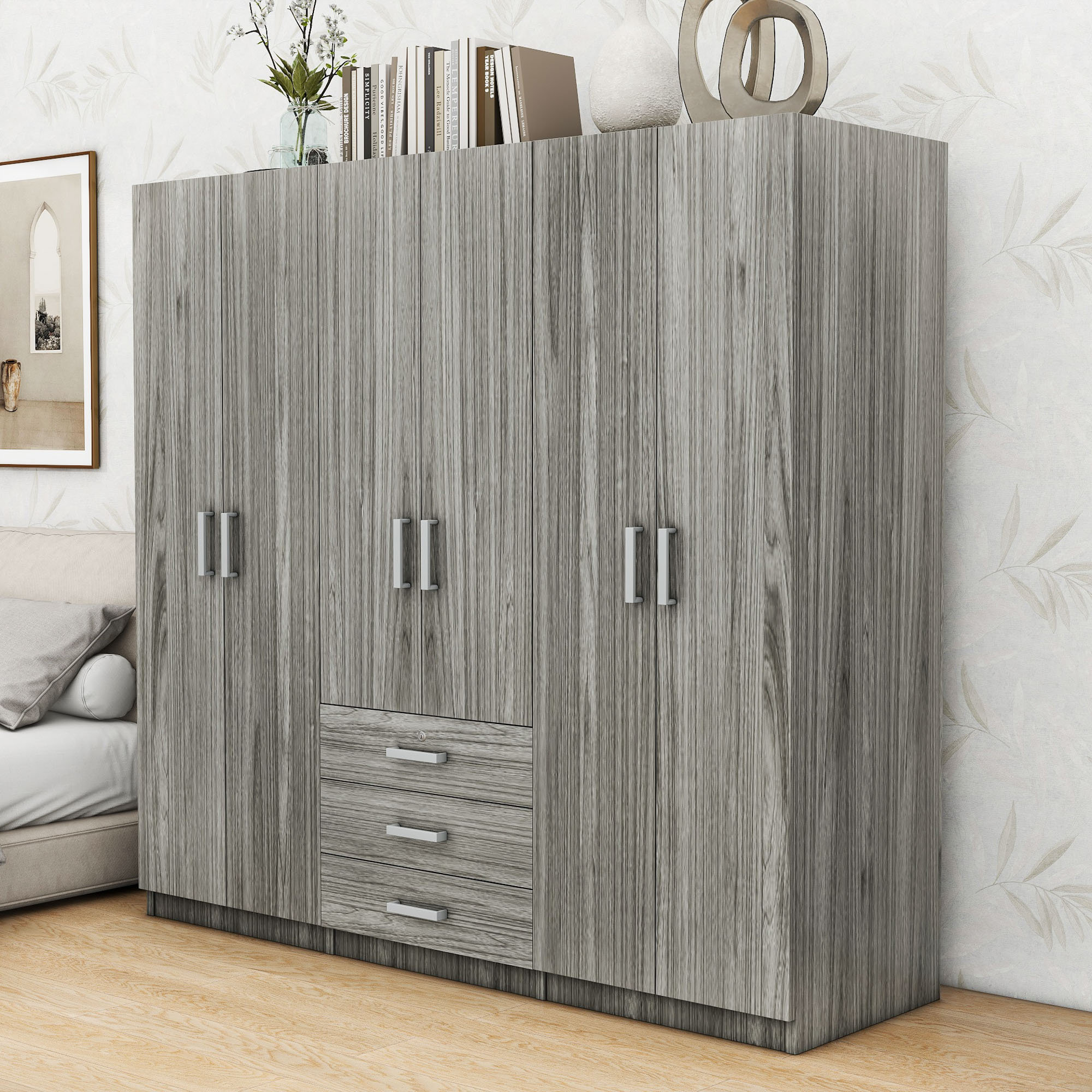 Latitude Run® Geordon Modern 6-Door Freestanding Wardrobe with Locking ...