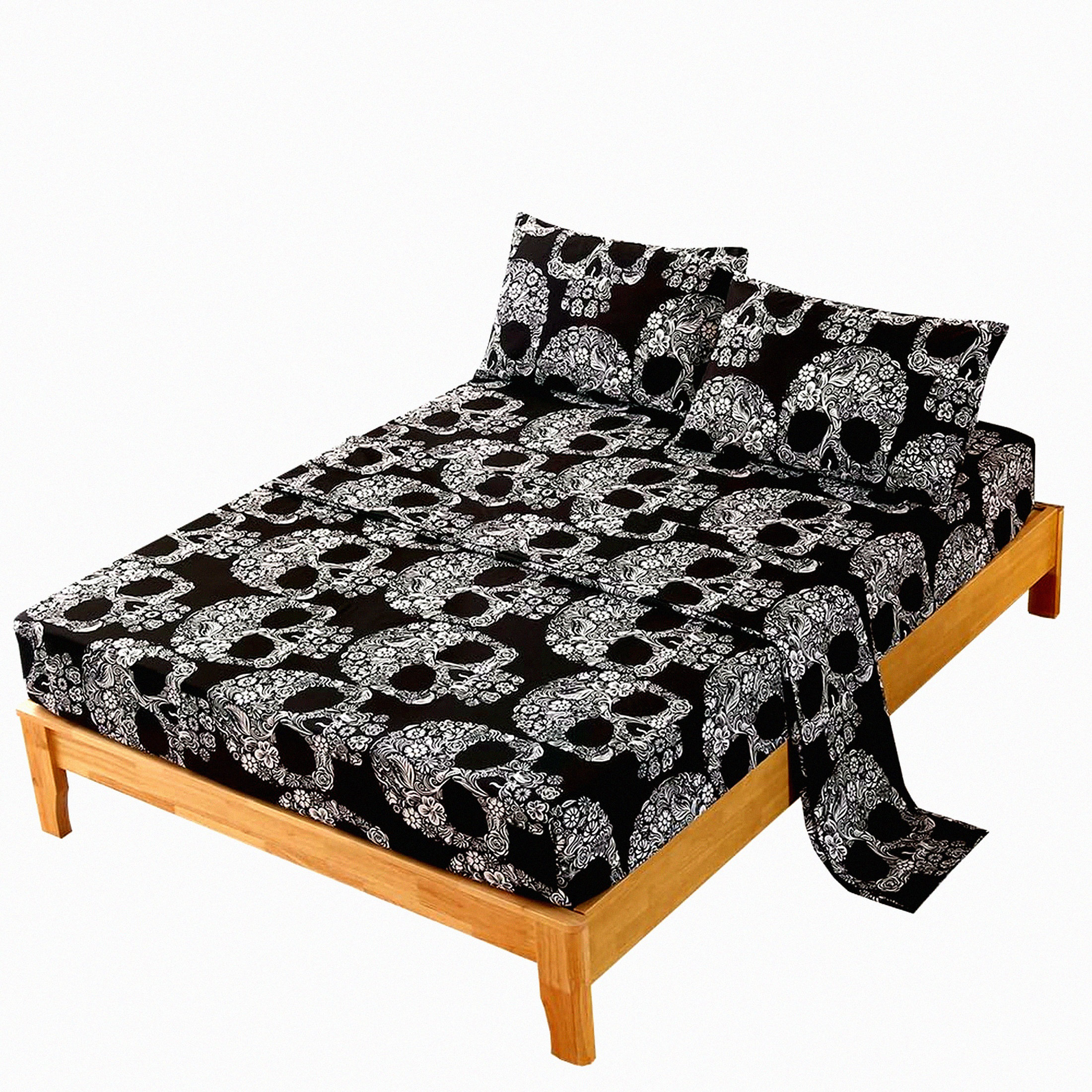 BRBCA Gothic Skull Queen Bedding Set - 4 Piece Skeleton Sheet Set with ...