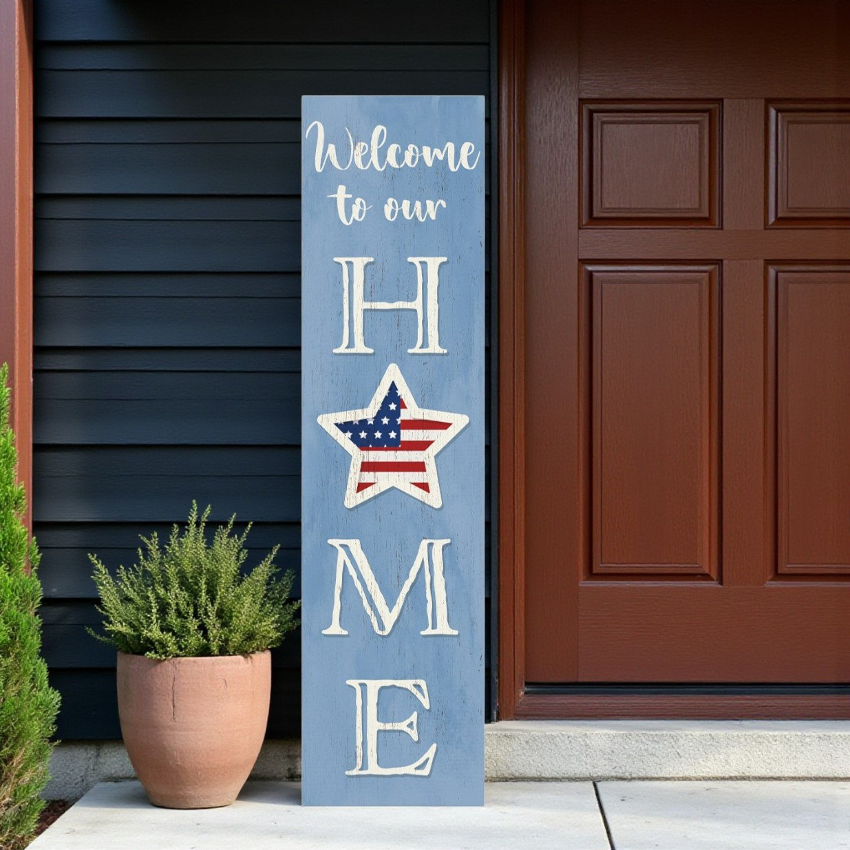HomeRoots 36" Blue White And Red Solid Wood Welcome To Our Home ...