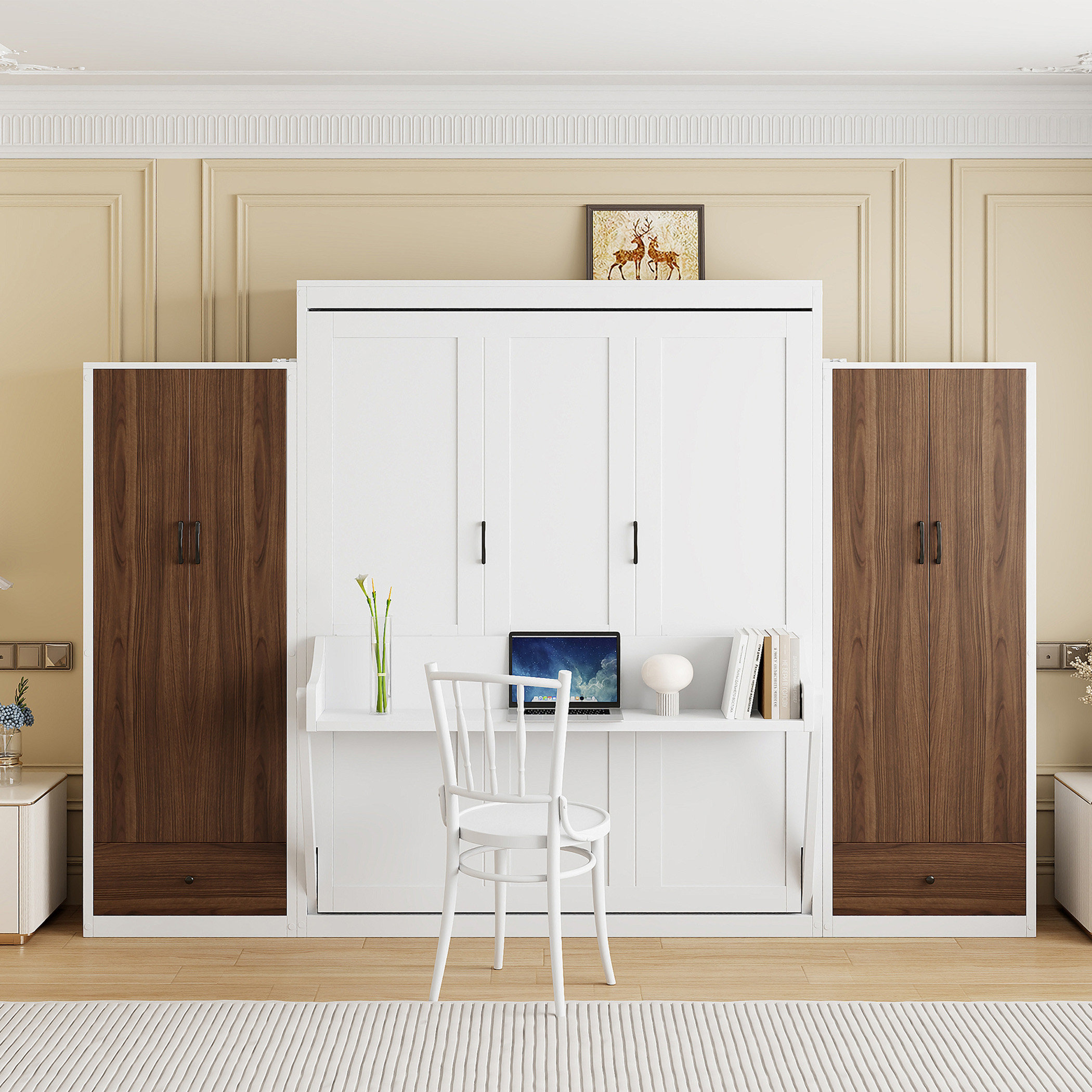 Orren Ellis Murphy Bed Wall Bed With Closet ,Drawers And Table,White ...