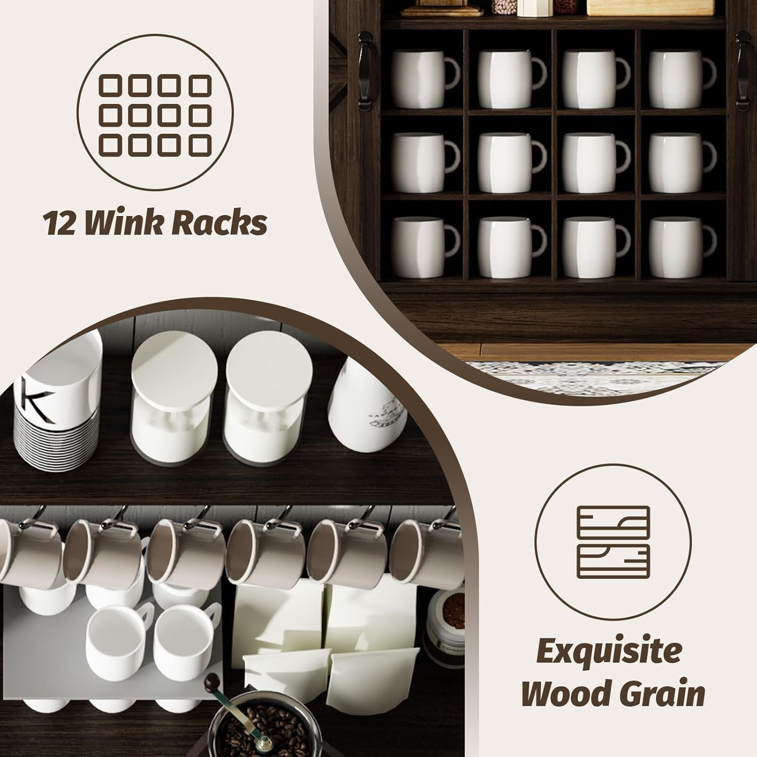 One Allium Way® Farmhouse Coffee Bar Cabinet With 8 Hooks 55” Kitchen ...