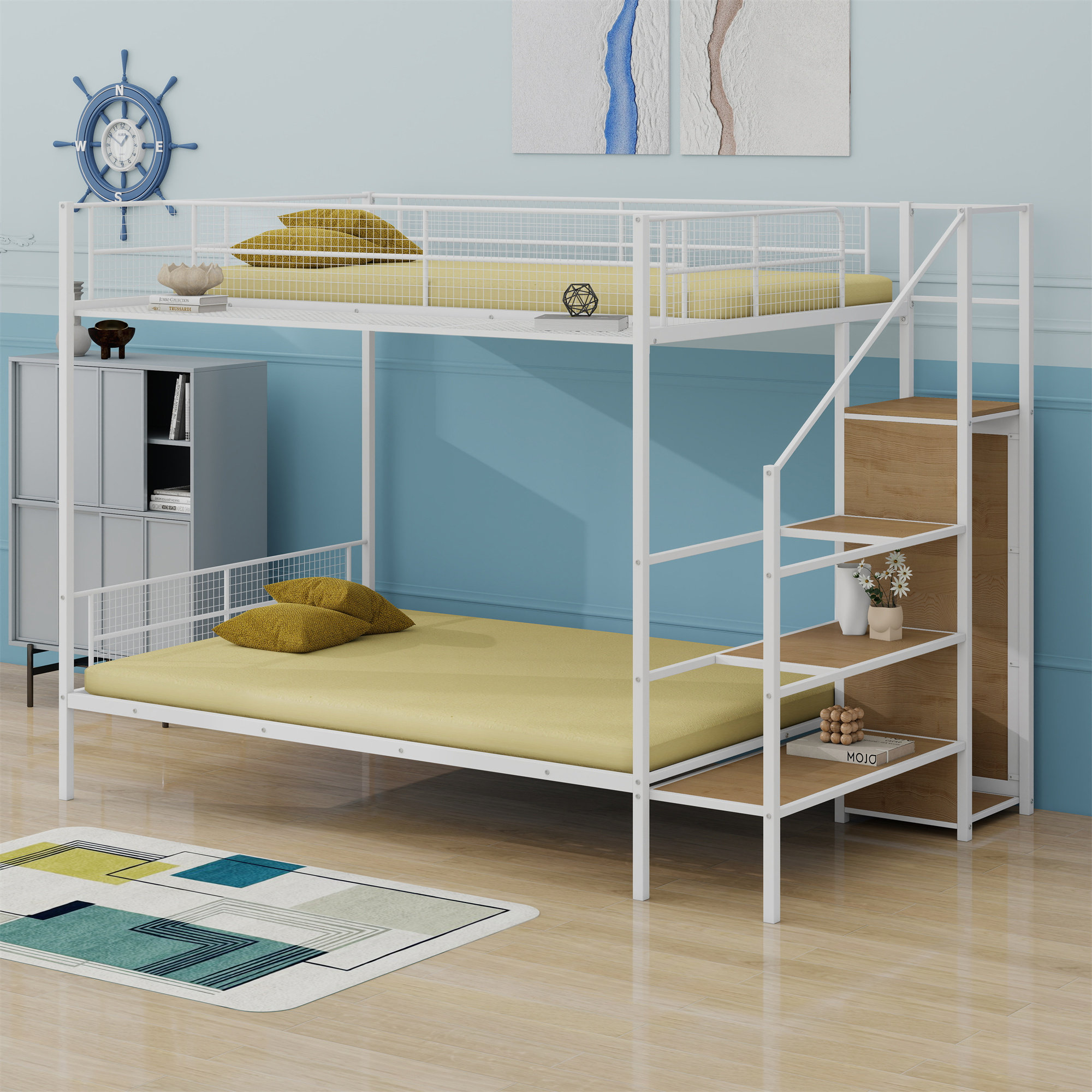 17 Stories Metal Bunk Bed With Wire Shelving And Wardrobe | Wayfair