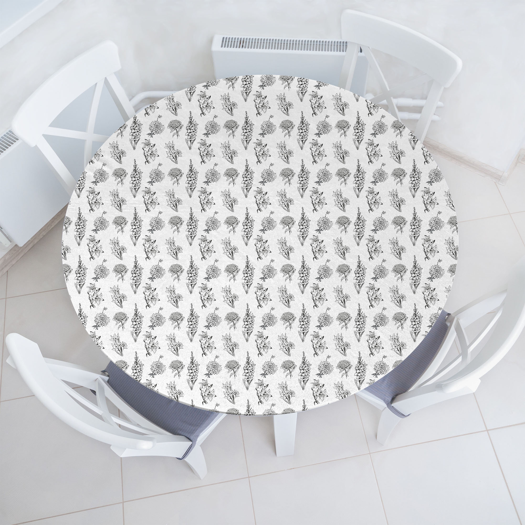 Ebern Designs Floral Fitted Round Tablecloth White and Charcoal Grey ...