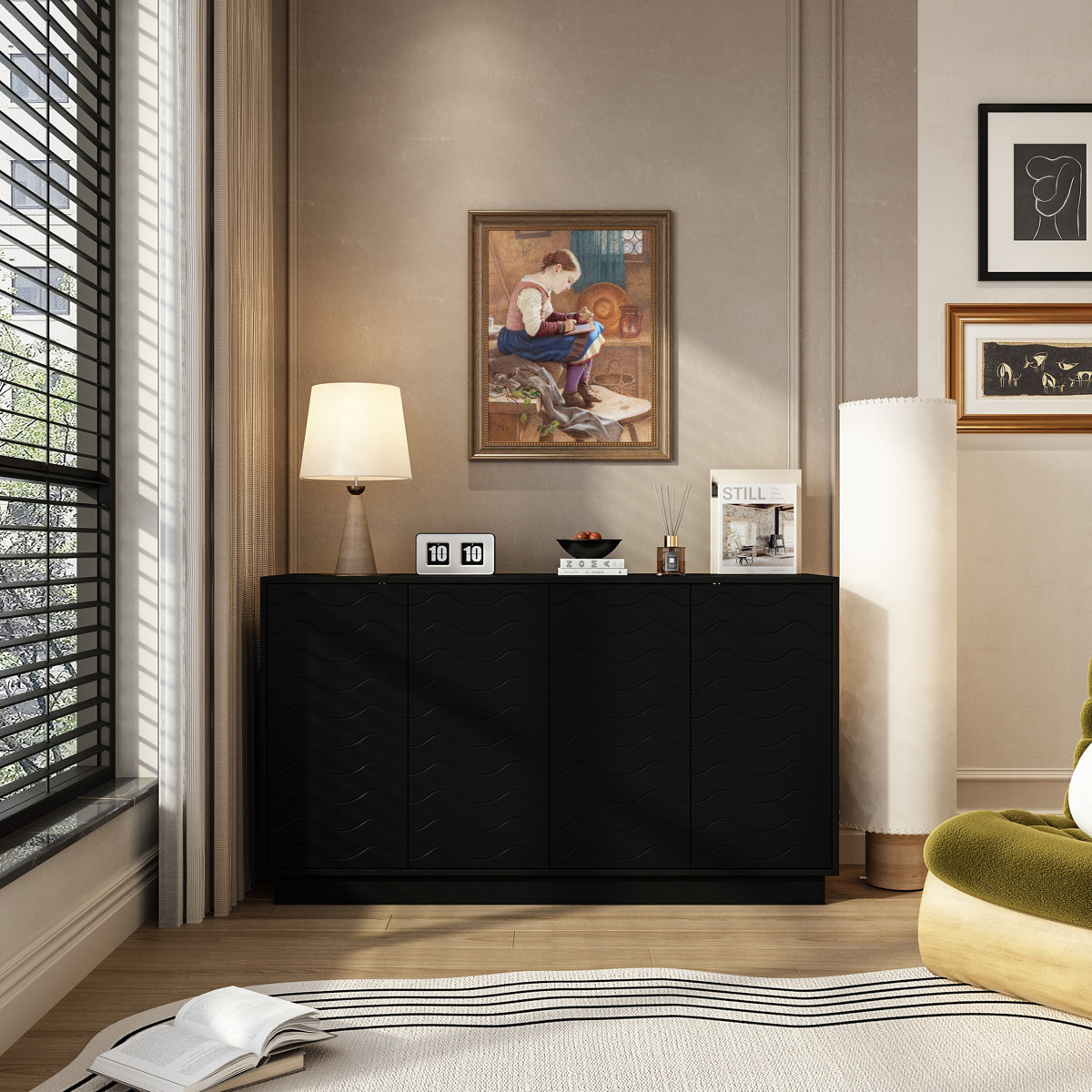 Ebern Designs Modern Wave-Pattern Black Sideboard With Spacious Storage ...